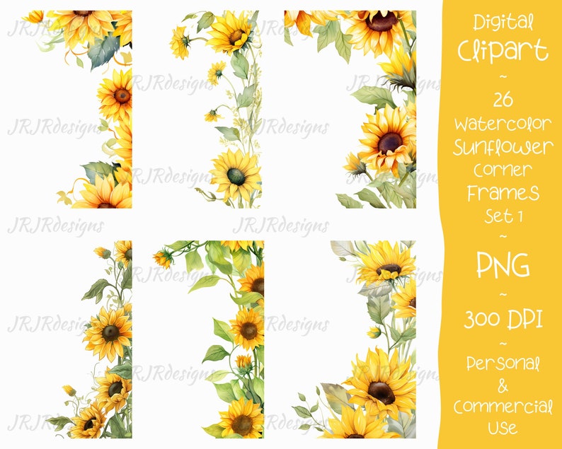 26 Sunflower Corner Frames Clipart Bundle | Aspect Ratio 2:3 | 300 DPI ...
