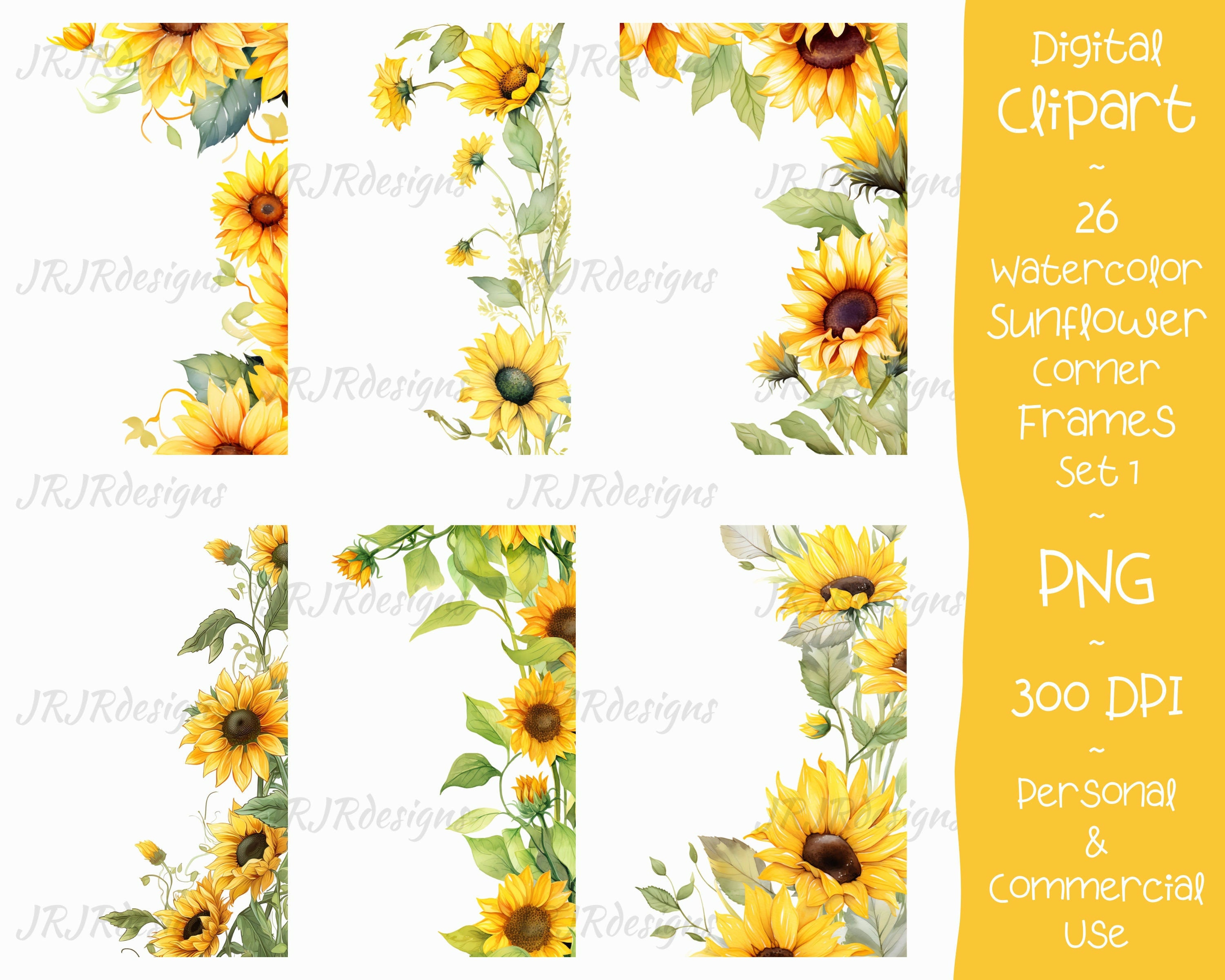 26 Sunflower Corner Frames Clipart Bundle | Aspect Ratio 2:3 | 300 DPI ...