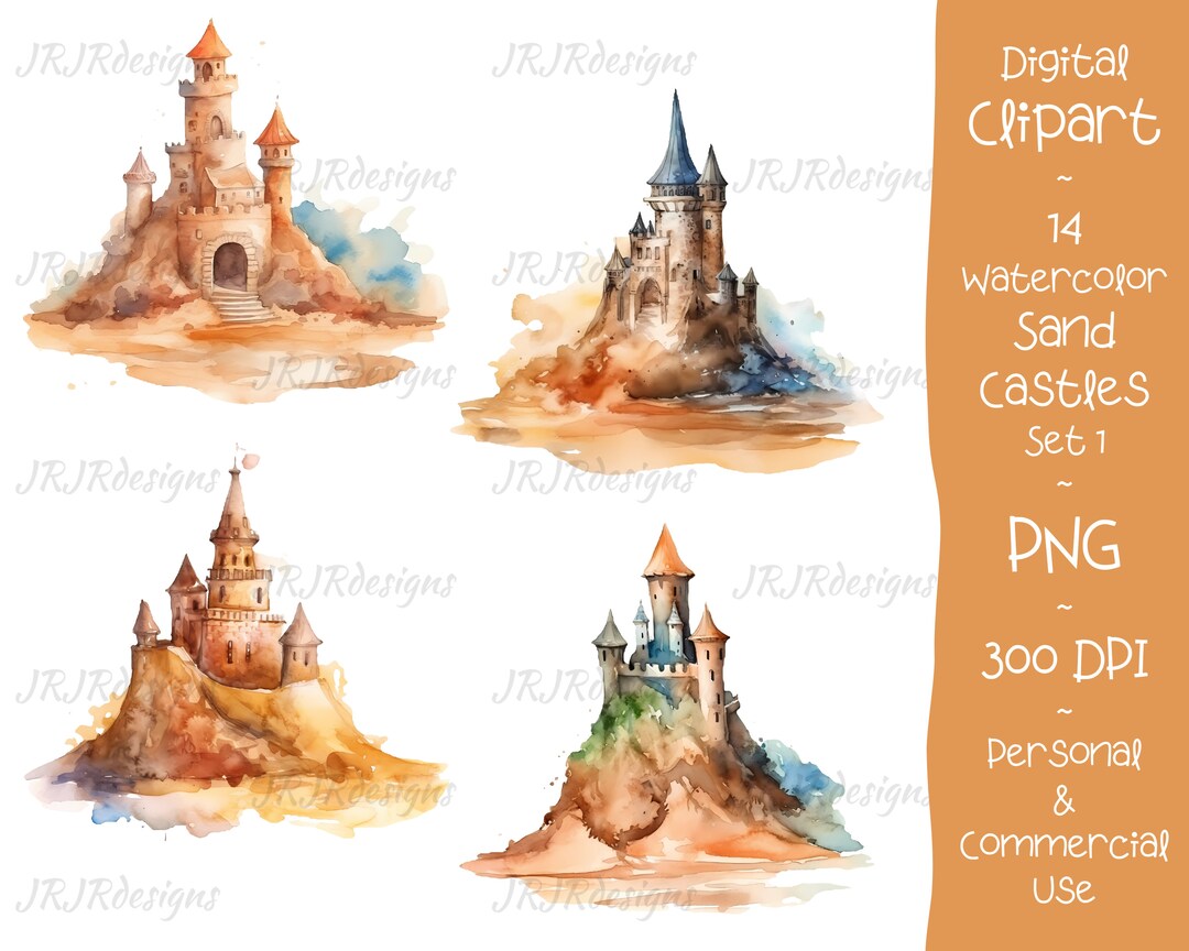 14 Sand Castles Watercolor Clipart Bundle 300 DPI Summer Beach ...