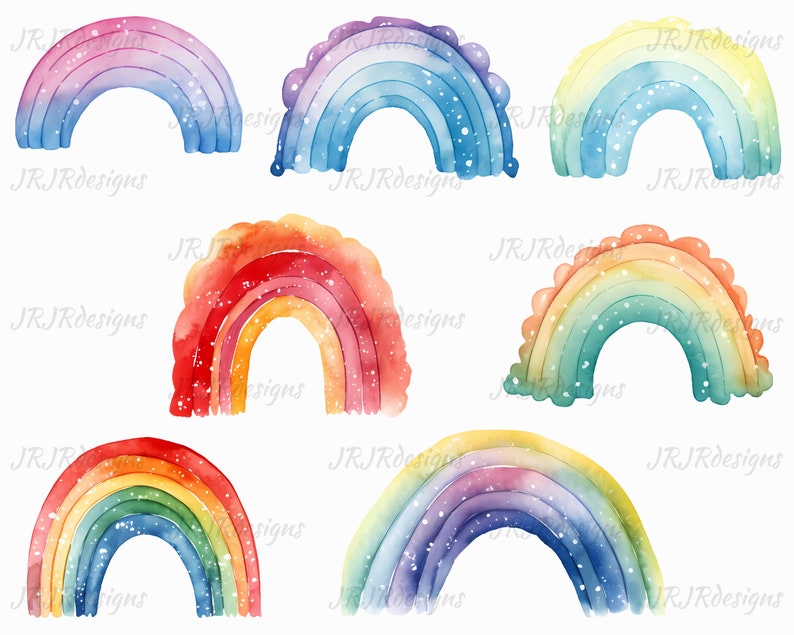 41 Watercolor Rainbows Clipart Bundle 300 DPI Multicolored Arcs Happy ...