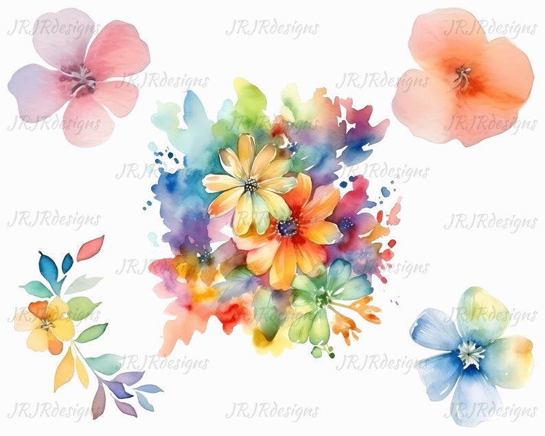 35 Spring Flowers Clipart Bundle 300 DPI Rainbow Watercolor Flowers ...
