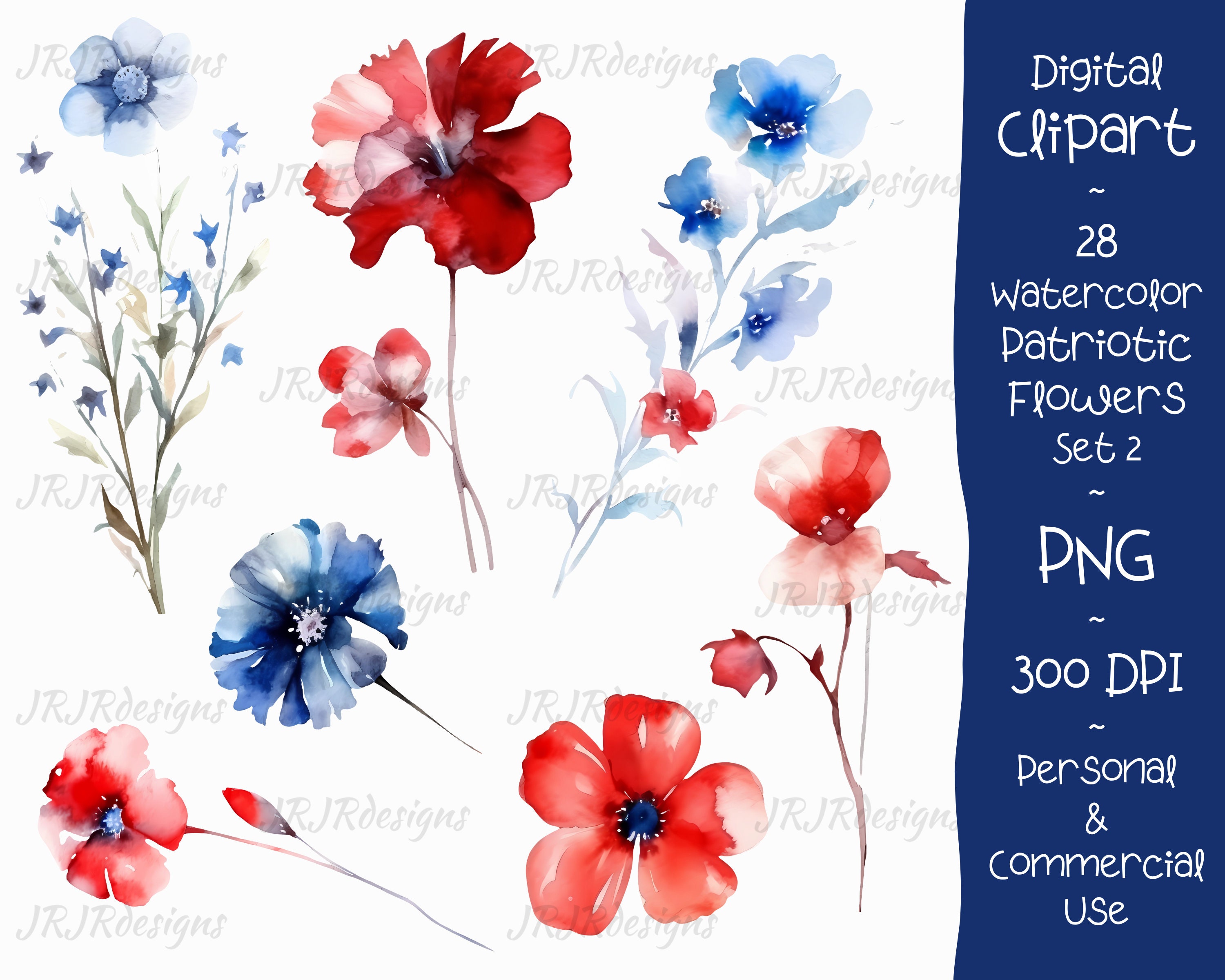 28 Patriotic Flowers Clipart Bundle 300 DPI USA Watercolor Florals 4th ...