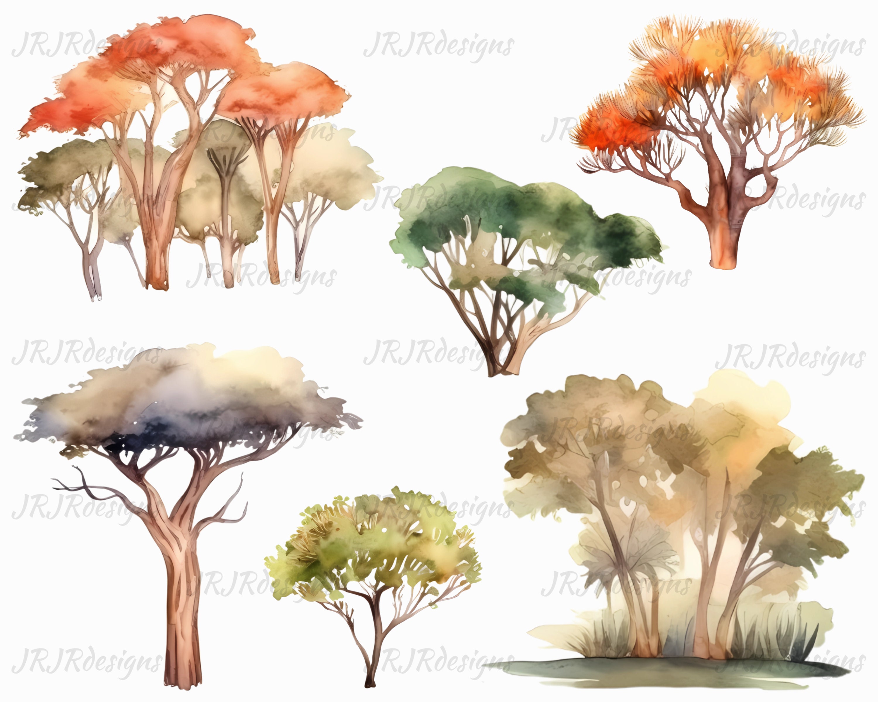 32 Safari Trees Clipart Bundle | 300 DPI | Watercolor African Savanna ...