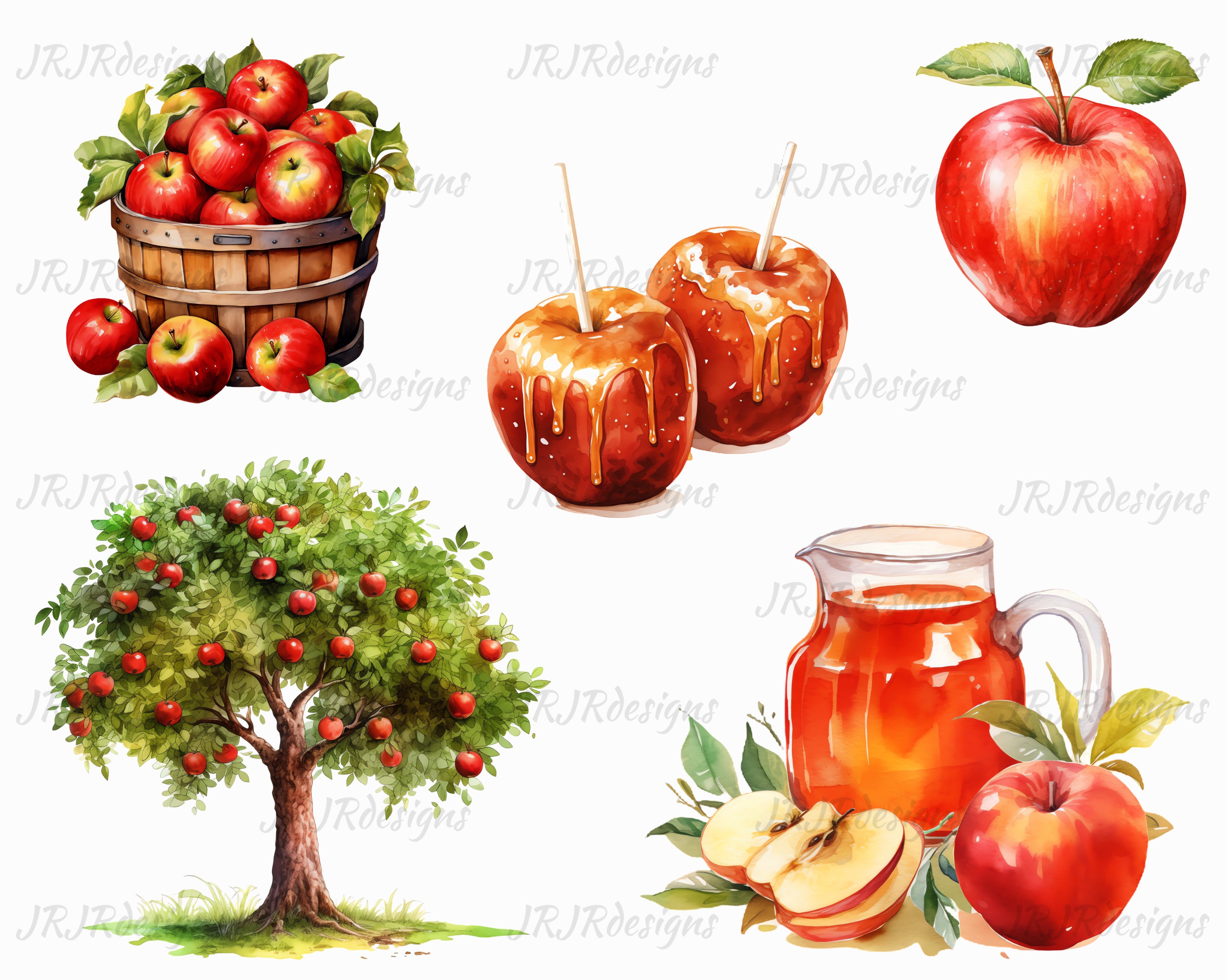 31 Apple Theme Clipart Bundle 300 DPI Watercolor Trees Baskets Pies ...