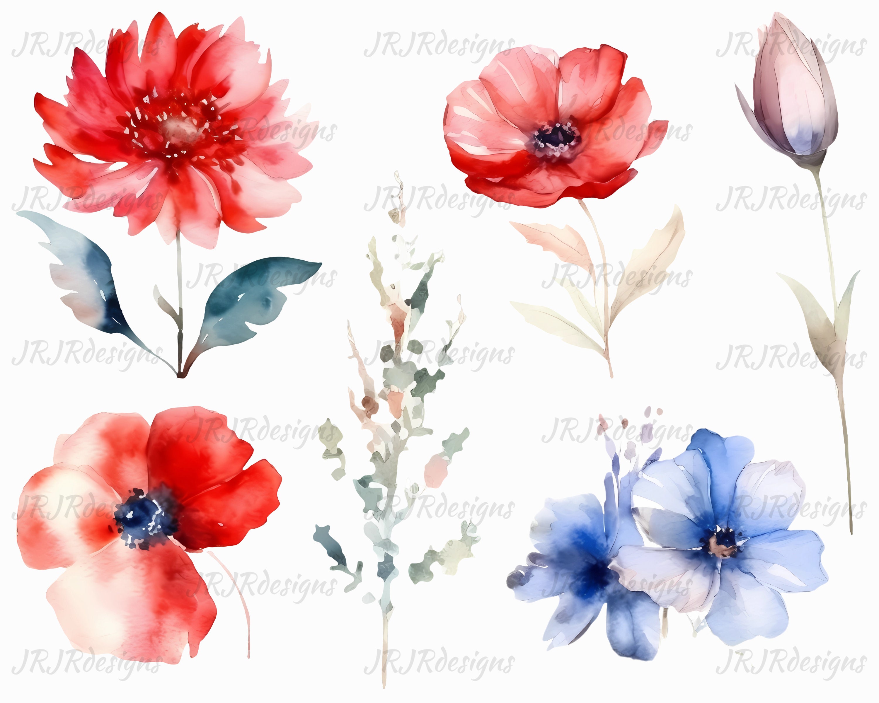 33 Patriotic Flowers Clipart Bundle 300 DPI Beautiful Watercolor ...