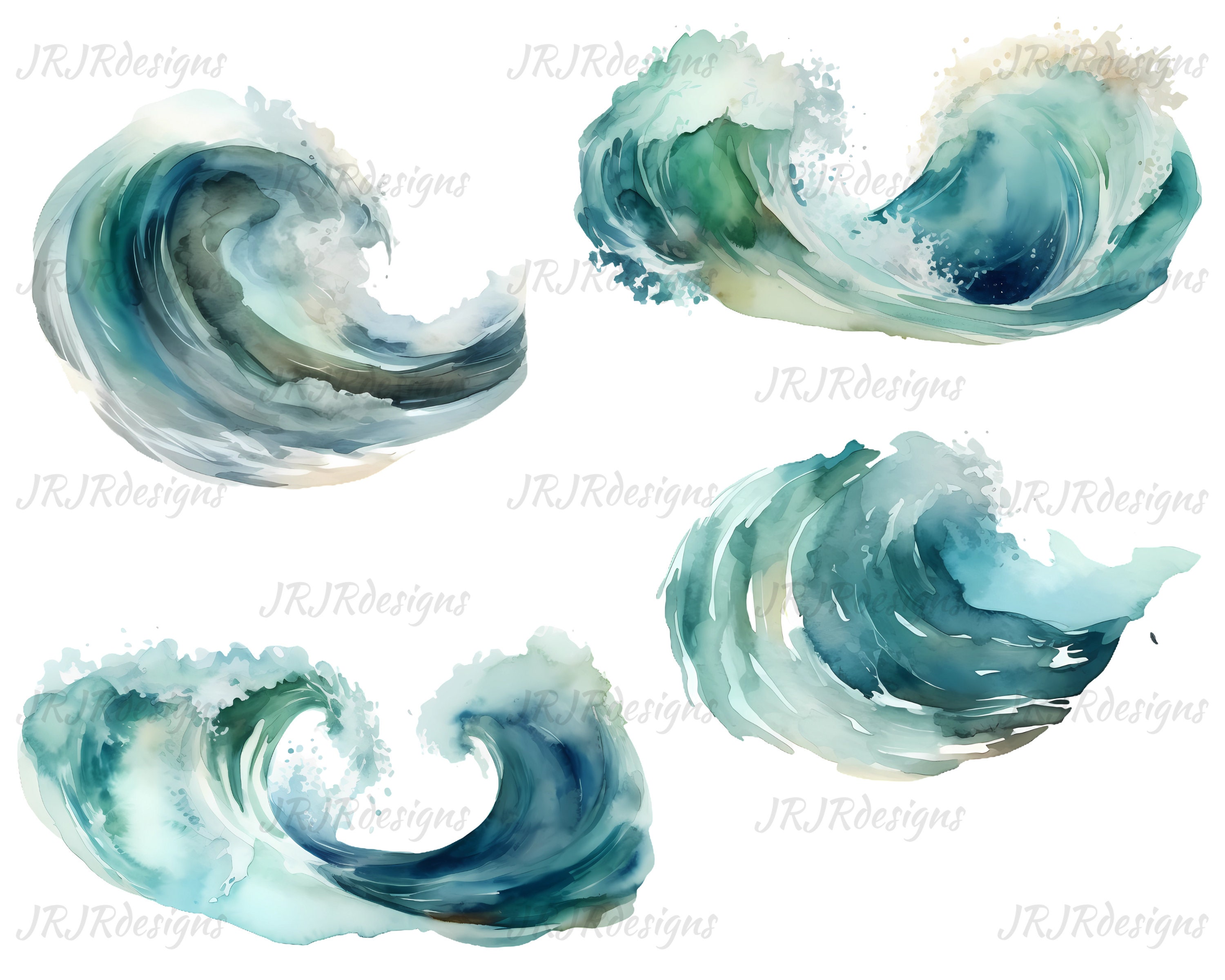 22 Watercolor Ocean Waves Clipart Bundle 300 DPI Tidal Waves Tsunamis ...