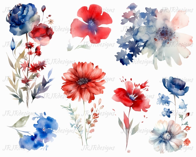 33 Patriotic Flowers Clipart Bundle 300 DPI Beautiful Watercolor ...