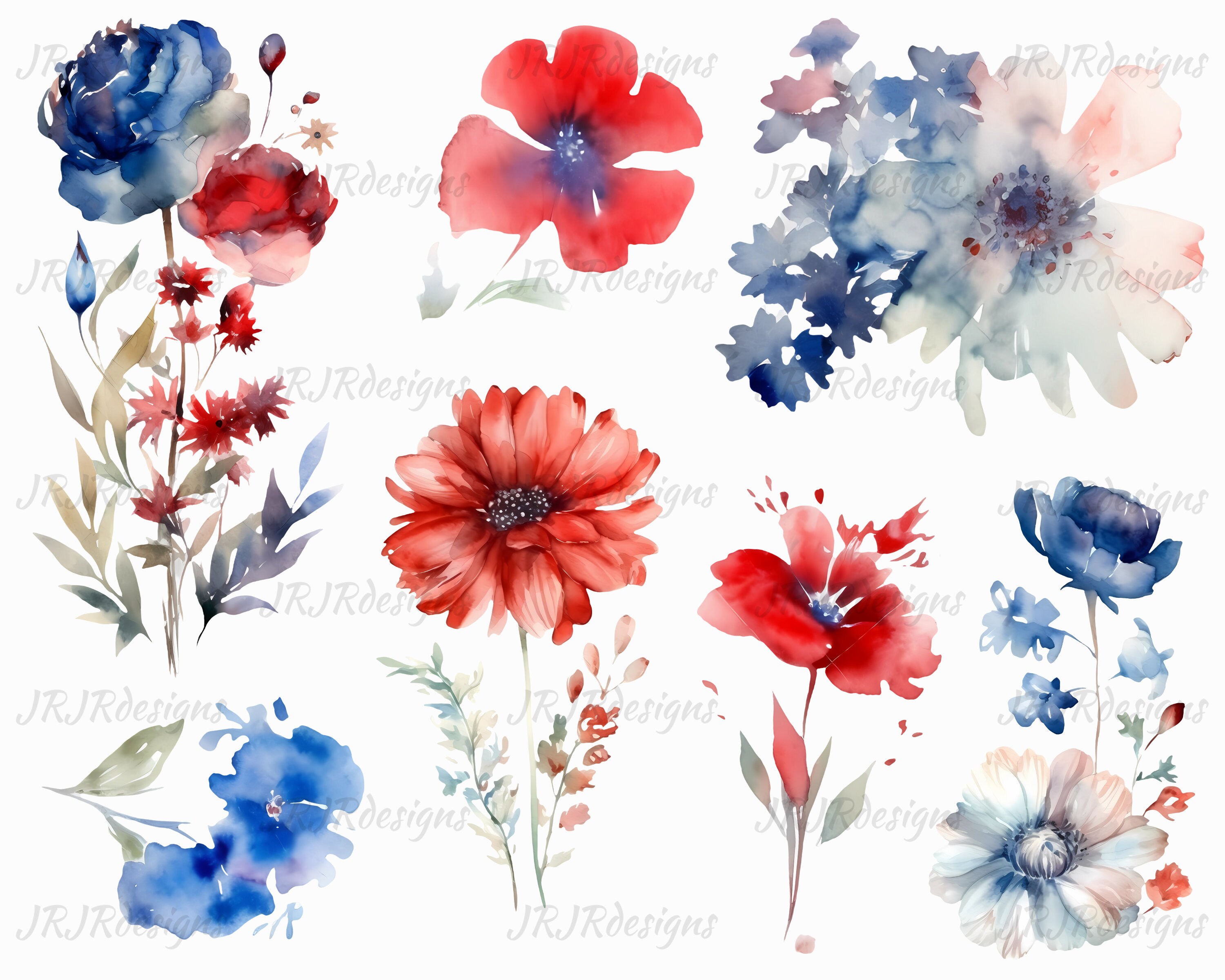 33 Patriotic Flowers Clipart Bundle 300 DPI Beautiful Watercolor ...