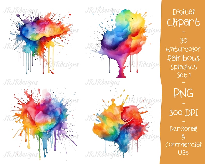 30 Rainbow Watercolor Splashes Clipart | Abstract PNG (digital Download ...