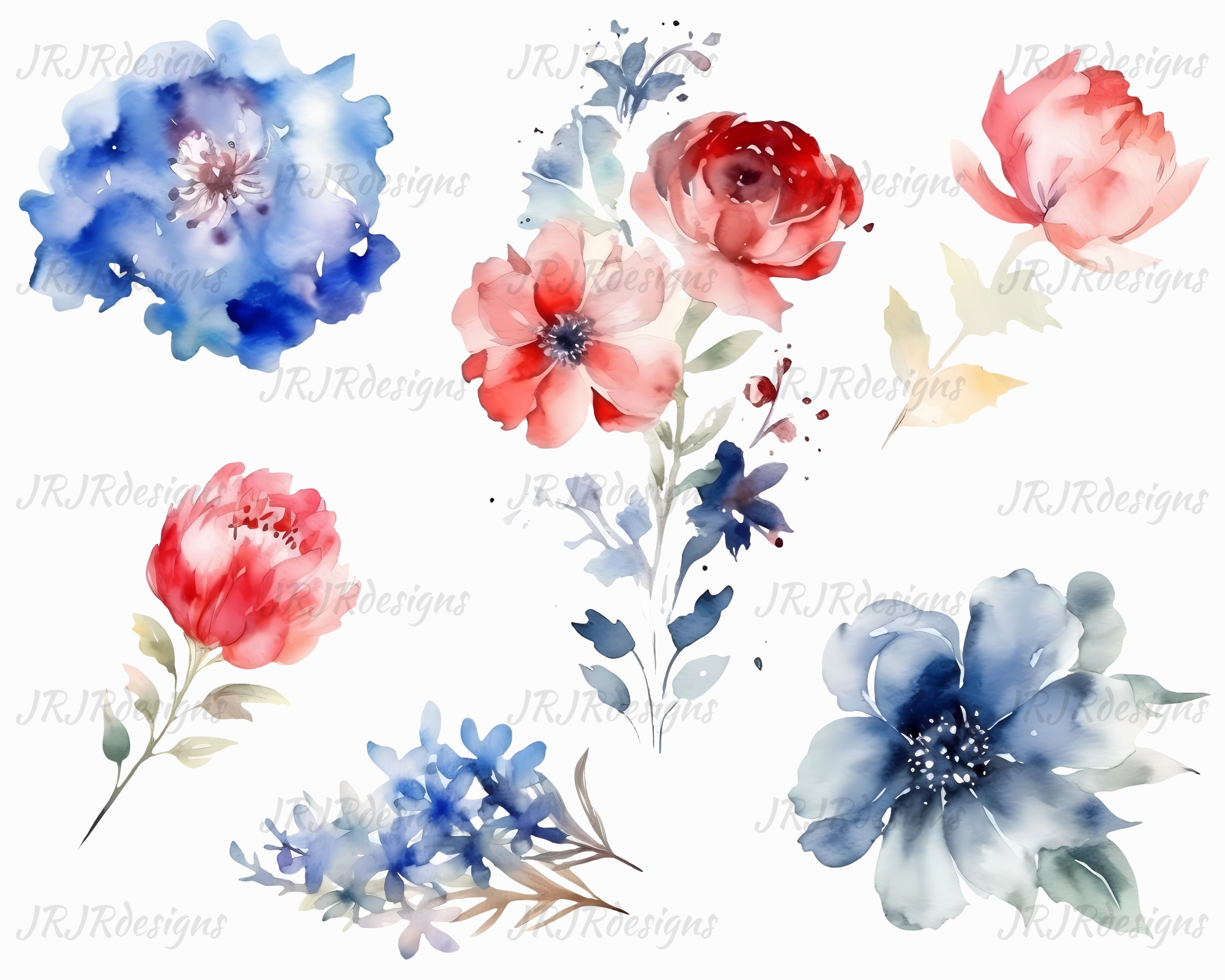 33 Patriotic Flowers Clipart Bundle 300 DPI Beautiful Watercolor ...