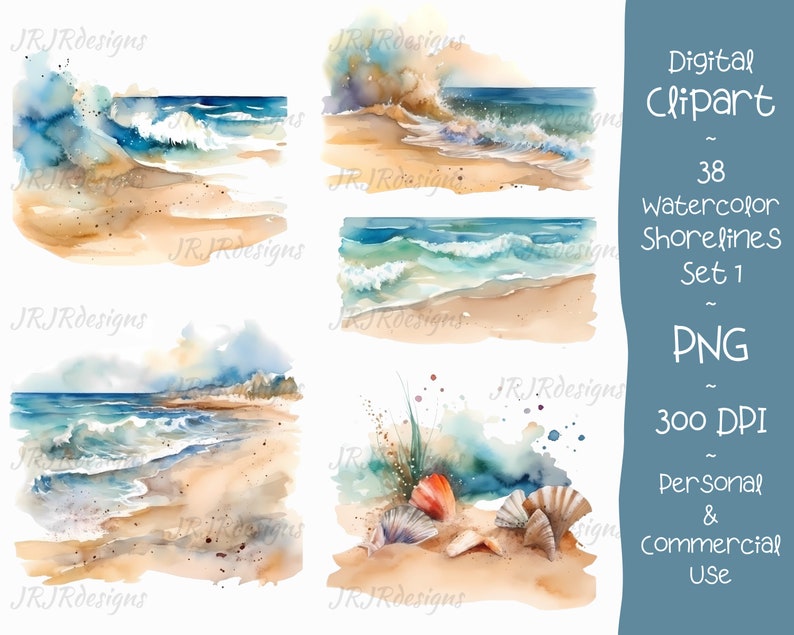 38 Shorelines Clipart Bundle 300 DPI Watercolor Coastlines Water Sand ...