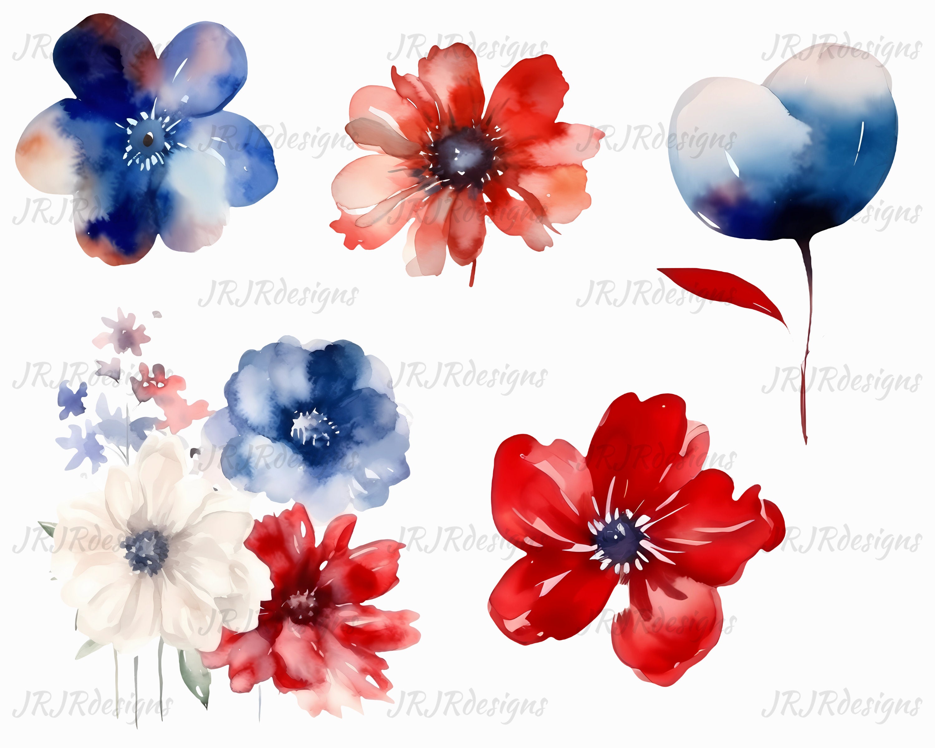 28 Patriotic Flowers Clipart Bundle 300 DPI USA Watercolor Florals 4th ...