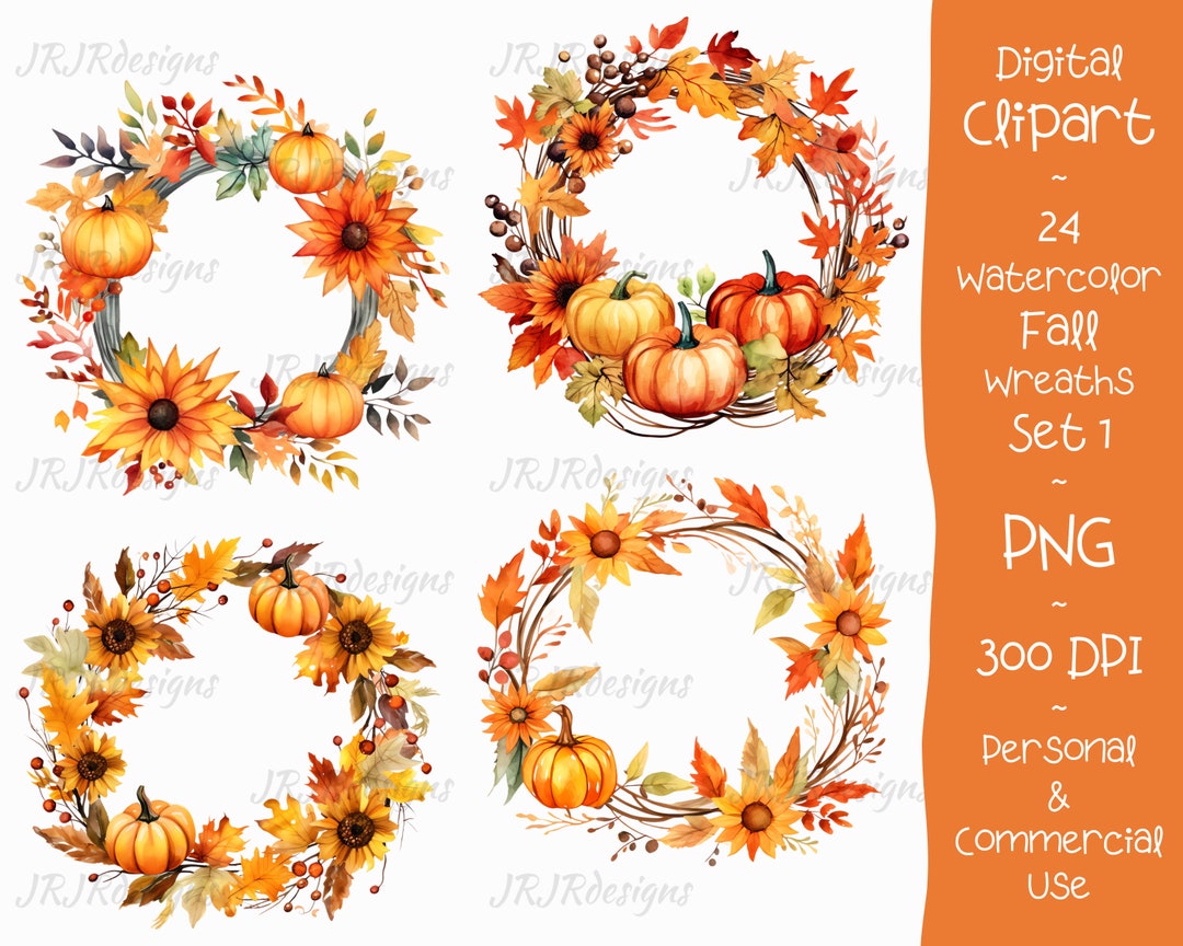 24 Fall Wreaths Clipart Bundle | 300 DPI | Watercolor | Autumn Florals ...