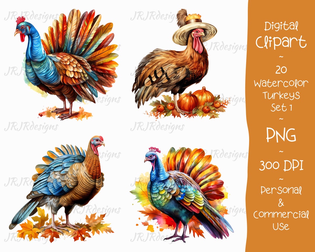 20 Turkeys Clipart Bundle | 300 DPI | Watercolor | Thanksgiving ...
