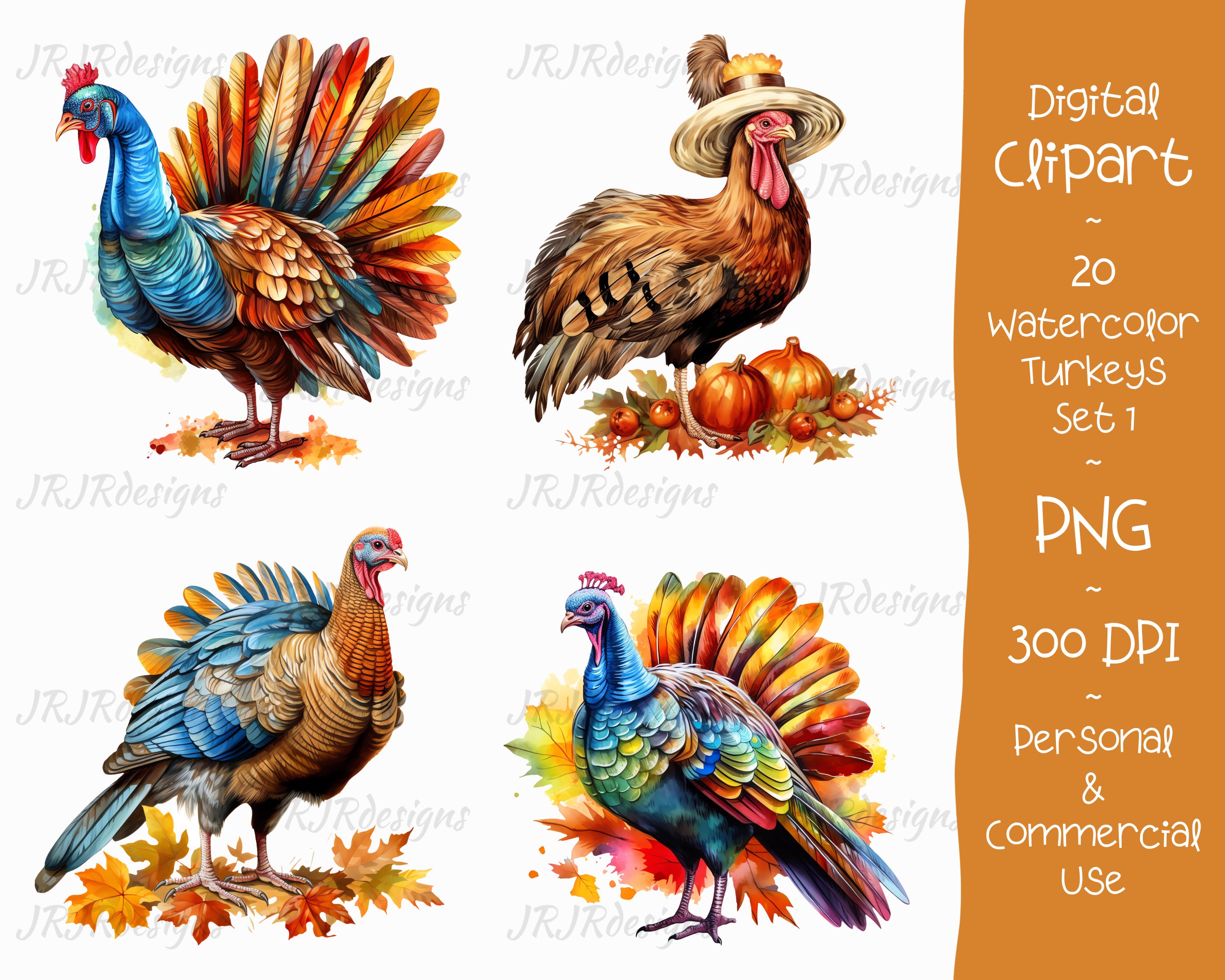 20 Turkeys Clipart Bundle 300 DPI Watercolor Thanksgiving Colorful ...