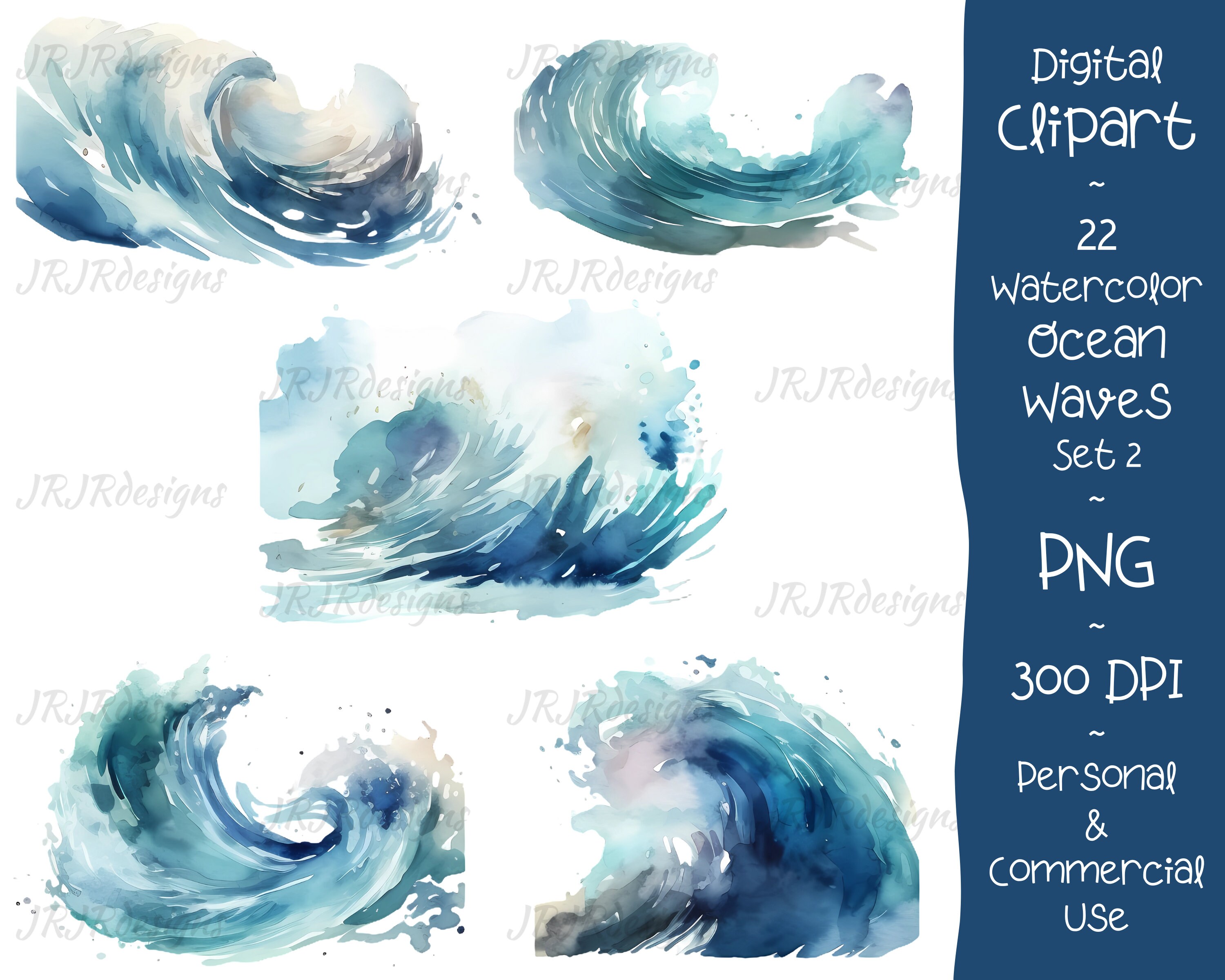 22 Watercolor Ocean Waves Clipart Bundle 300 DPI Tidal Waves Tsunamis ...