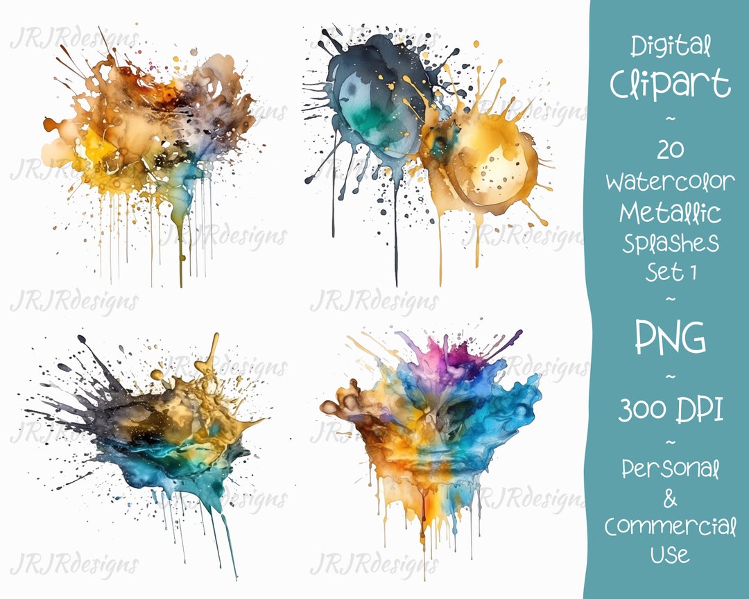 20 Metallic Watercolor Splashes Clipart Bundle | 300 DPI | Luxury ...