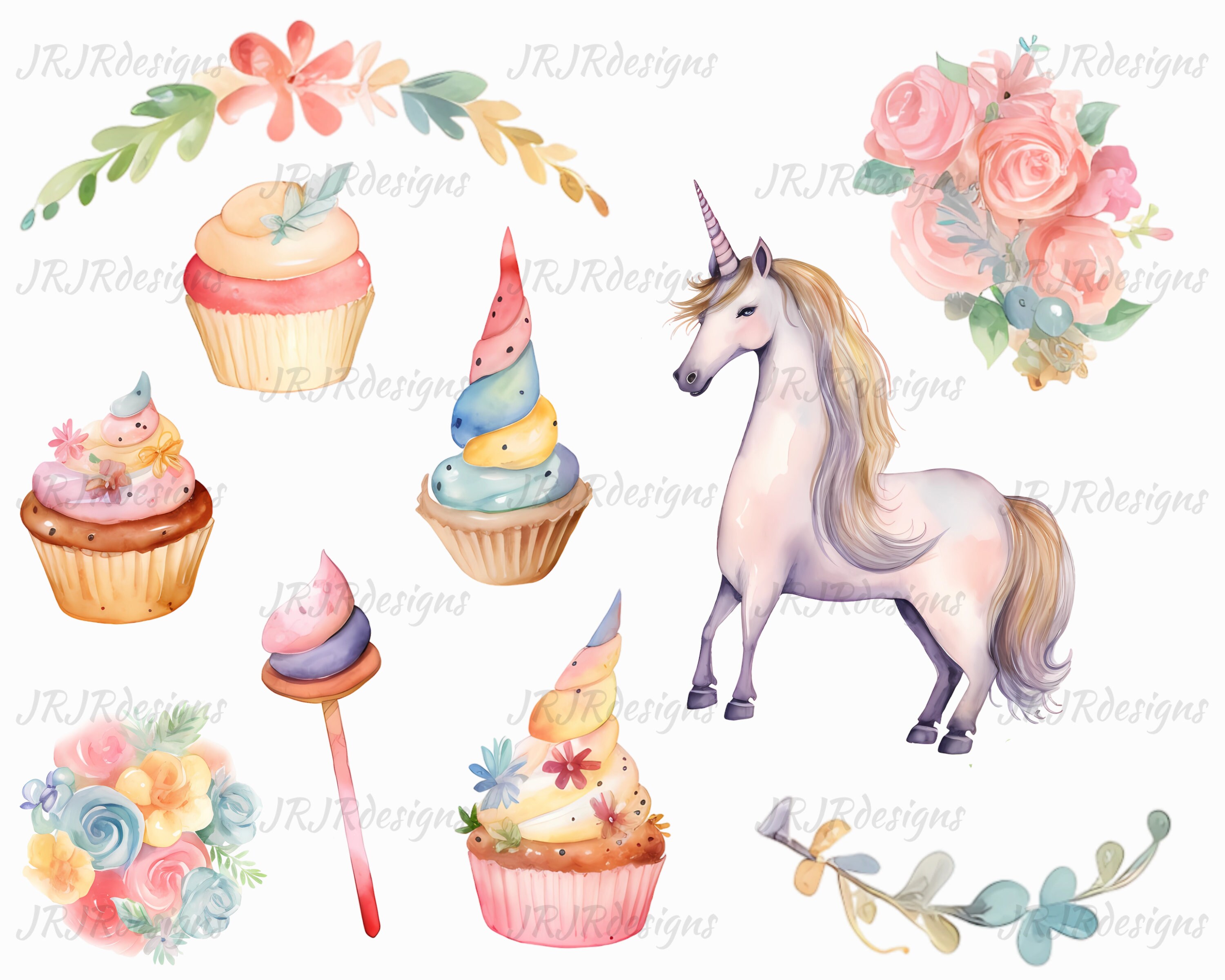 31 Unicorn Birthday Party Clipart Bundle 300 DPI Watercolor Unicorns ...