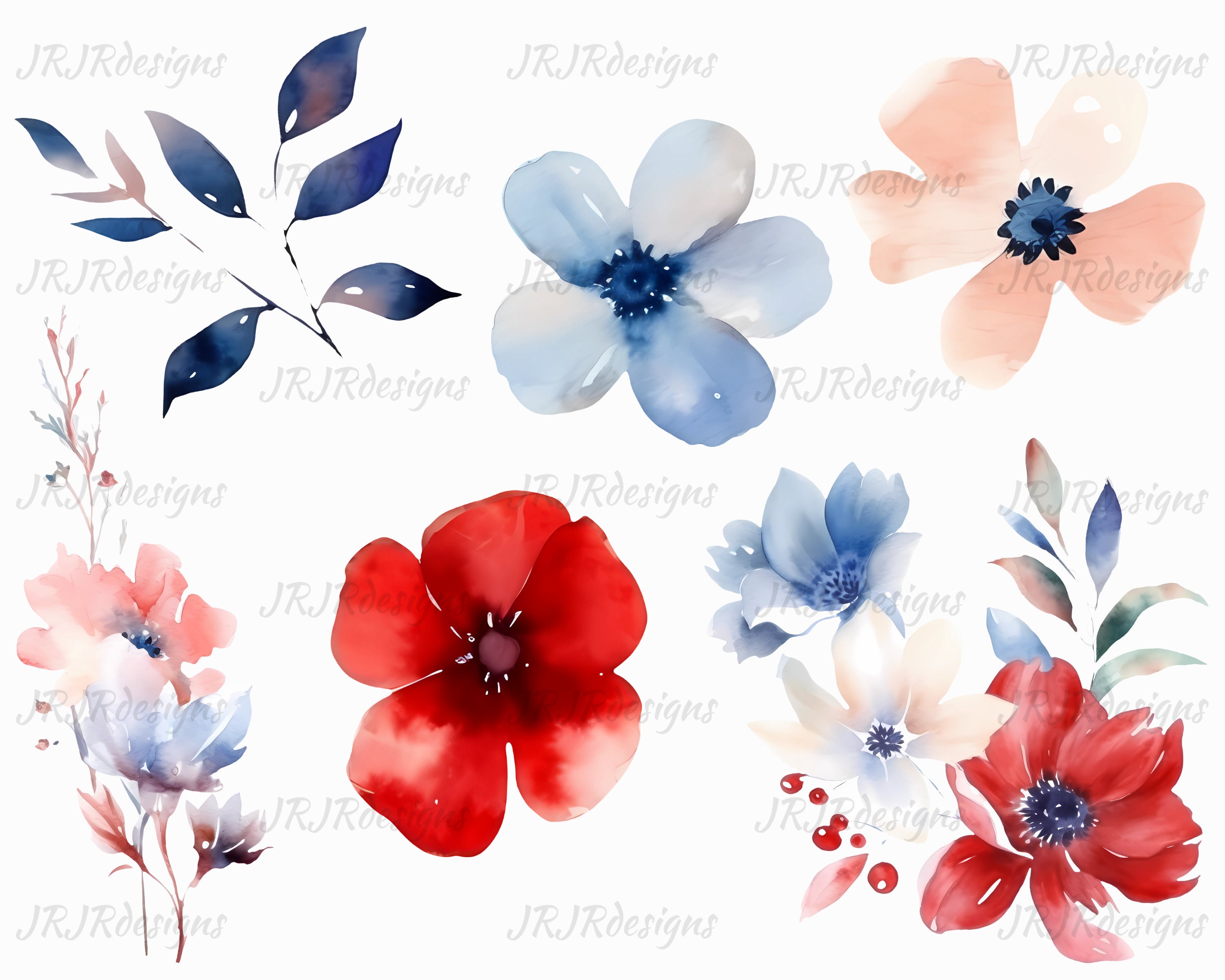 28 Patriotic Flowers Clipart Bundle 300 DPI USA Watercolor Florals 4th ...