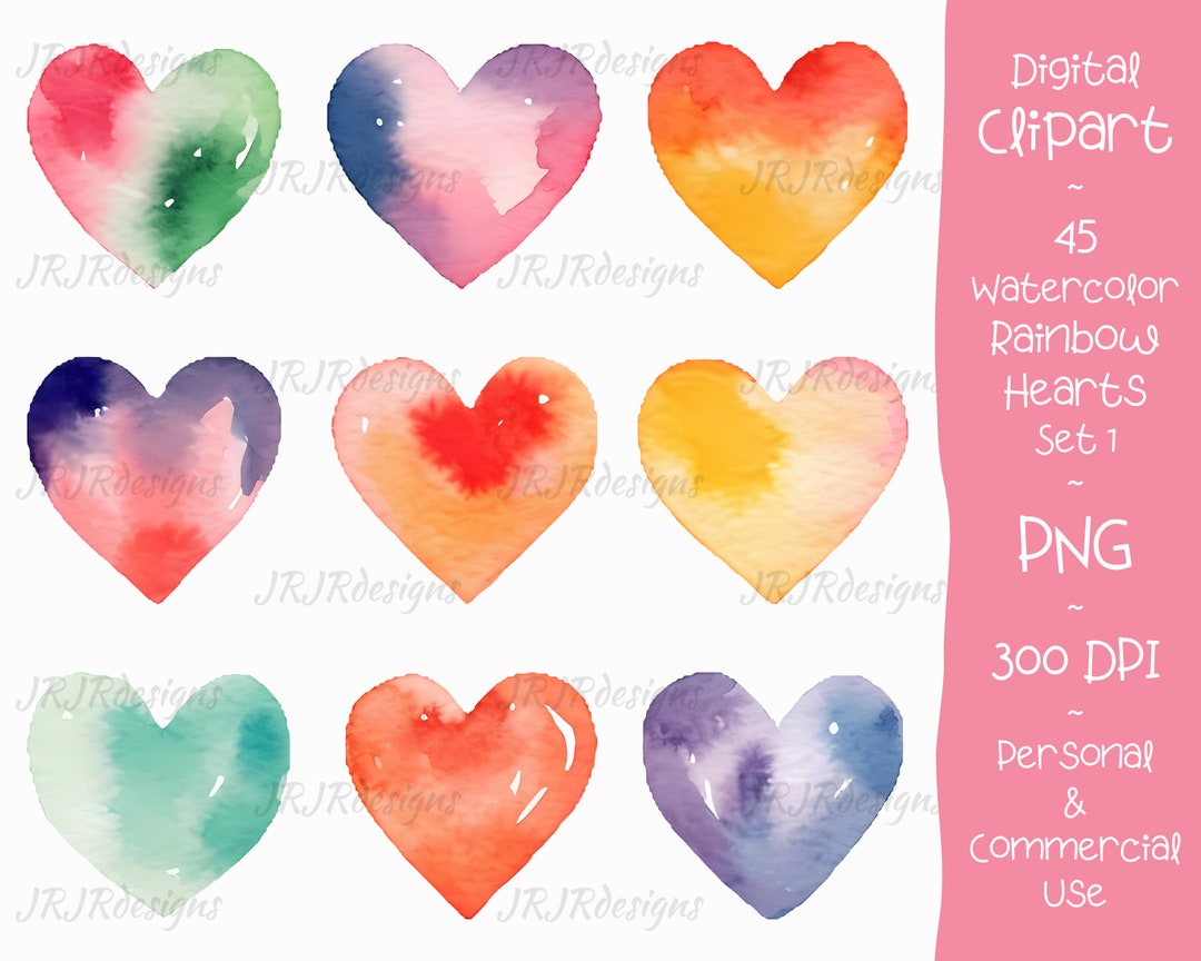 45 Rainbow Hearts Clipart Bundle Watercolor 300 DPI Love Valentine's ...