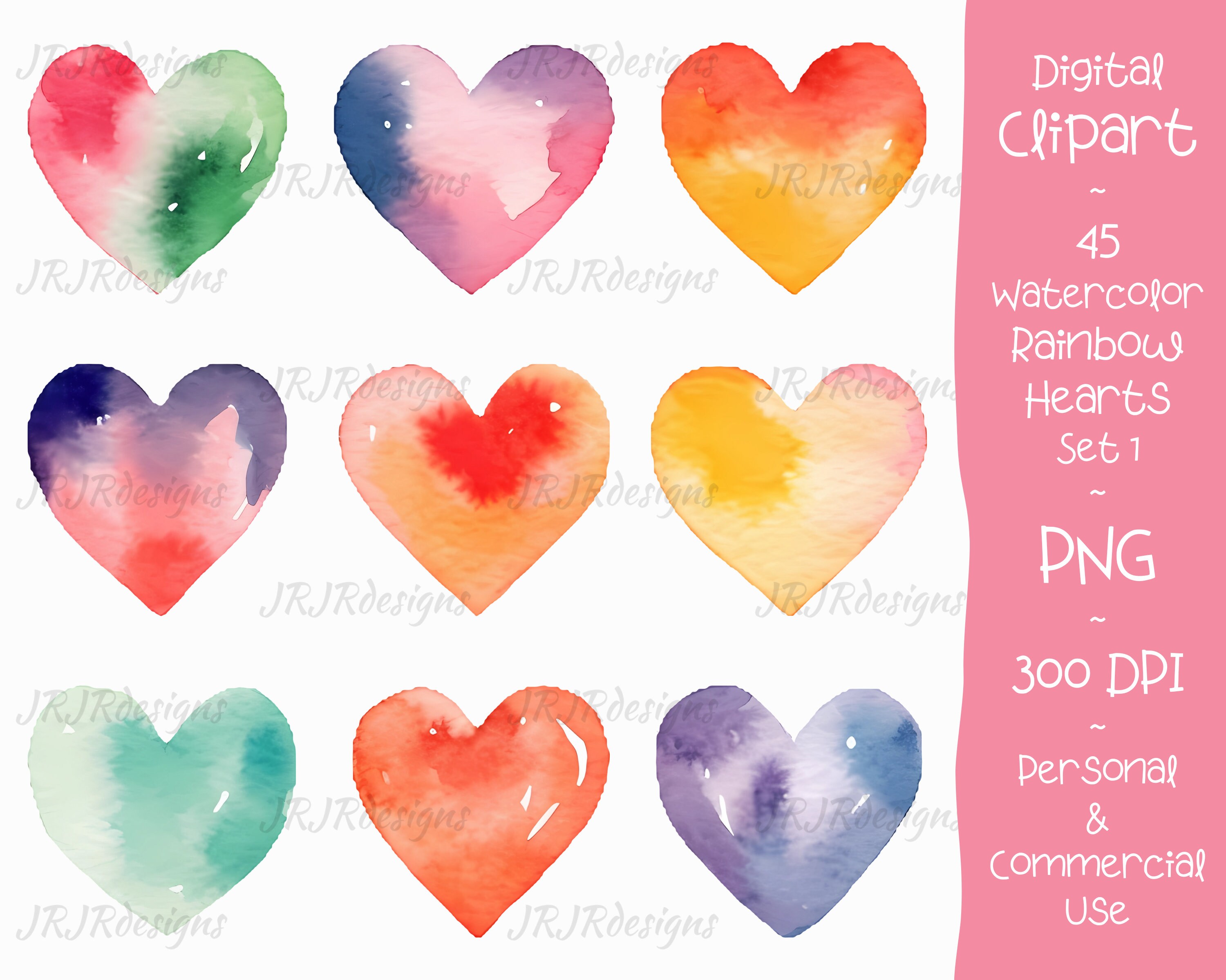 45 Rainbow Hearts Clipart Bundle Watercolor 300 DPI Love Valentine's ...