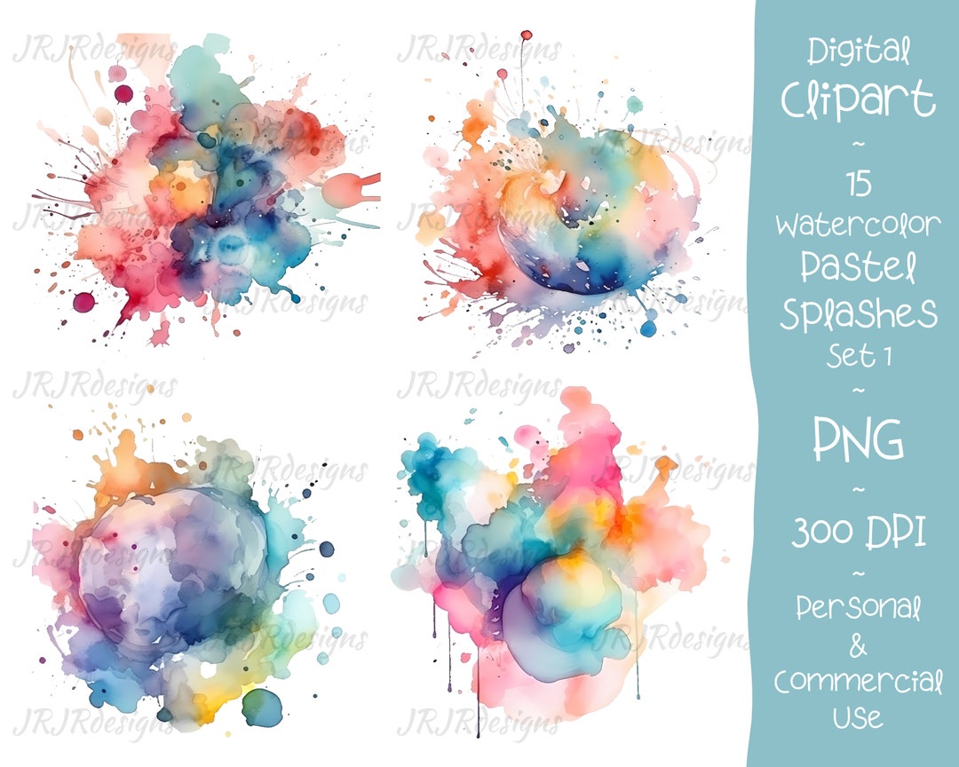 15 Pastel Watercolor Splashes Clipart Bundle 300 DPI Soft Dreamy ...