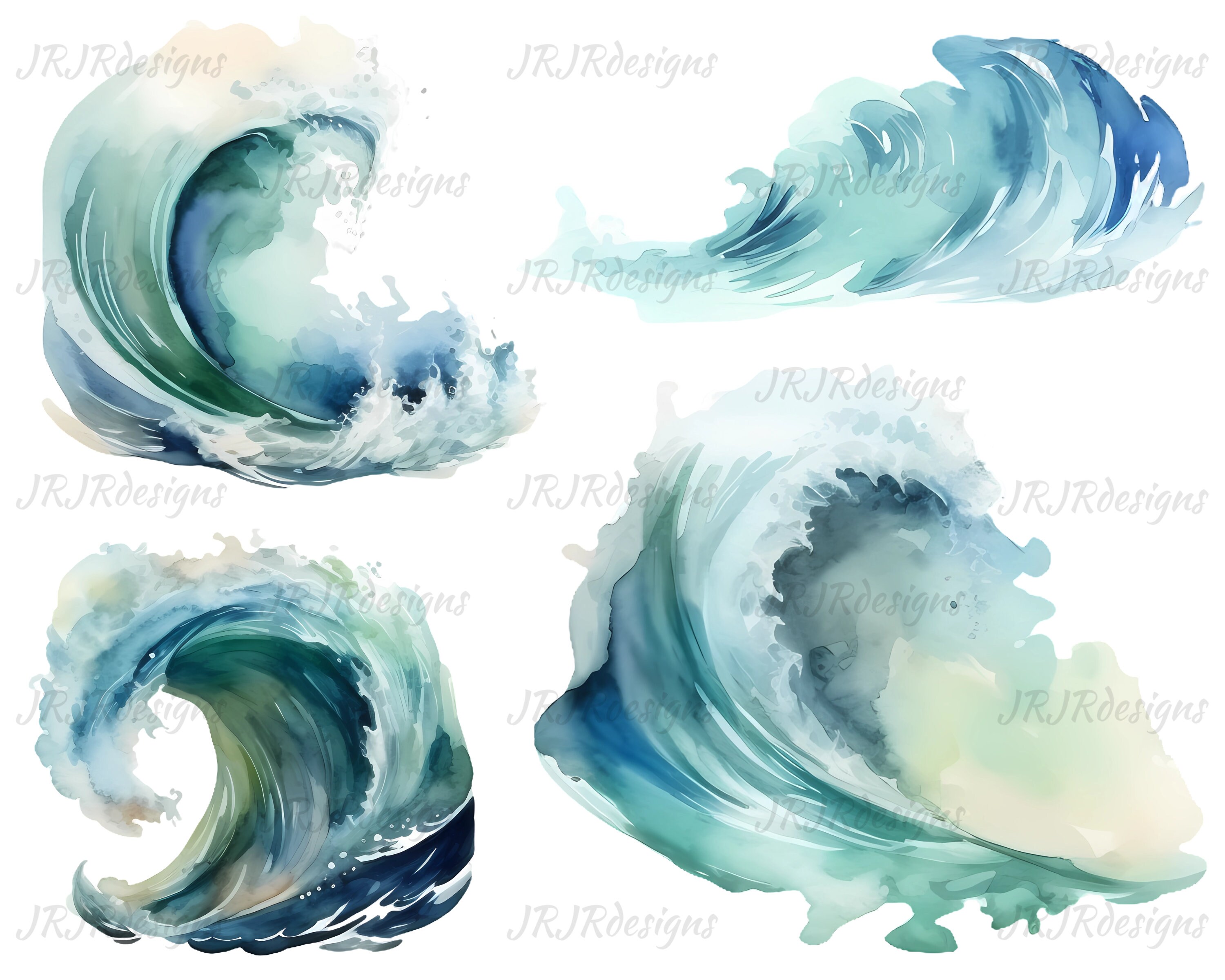 22 Watercolor Ocean Waves Clipart Bundle 300 DPI Tidal Waves Tsunamis ...
