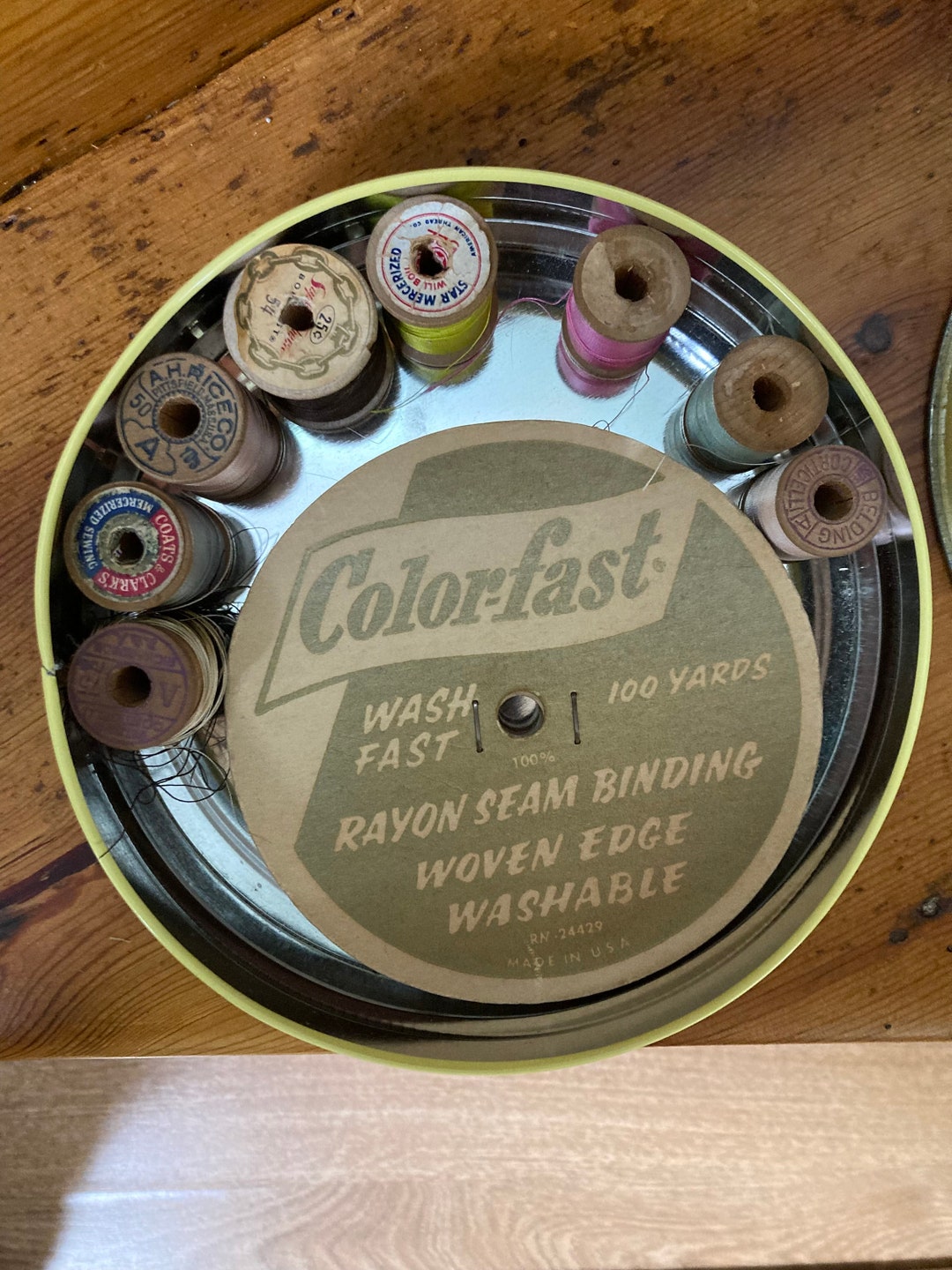 Antique Vintage Thread Wooden Spool Variety Tin Ribbon Colors 10 Items ...
