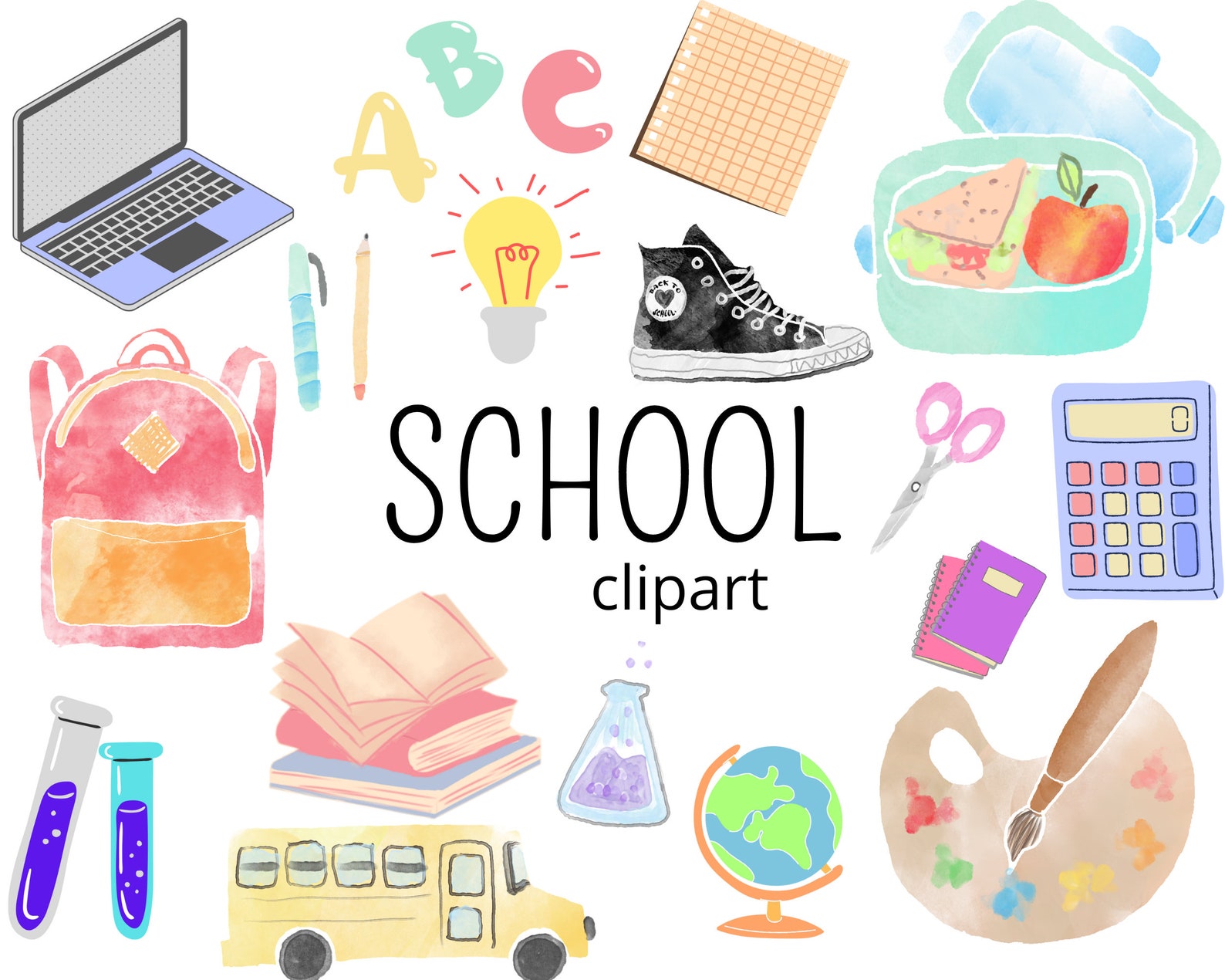 School Subjects Clipart, Back to School Png, School, Watercolor School ...