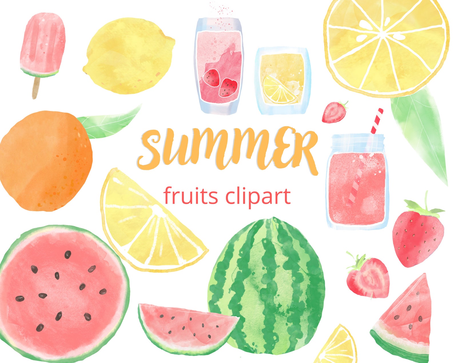 Lemon Clipart Watercolor Png Summer Clipart Watermelon - Etsy