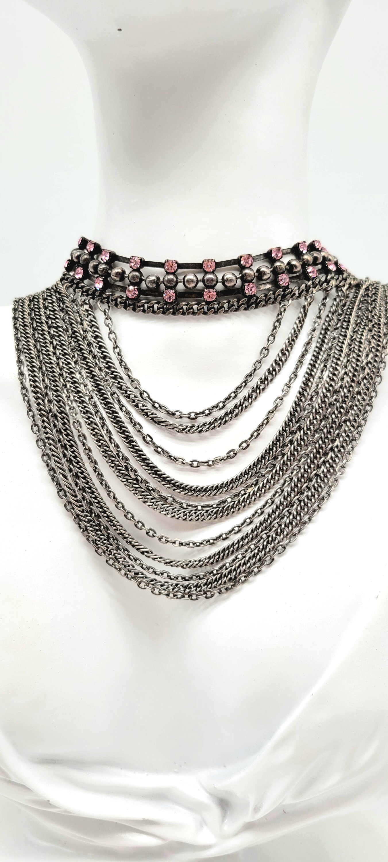 Chainmail Choker, Festoon Necklace, Silver Chain Choker, Pink Crystal ...