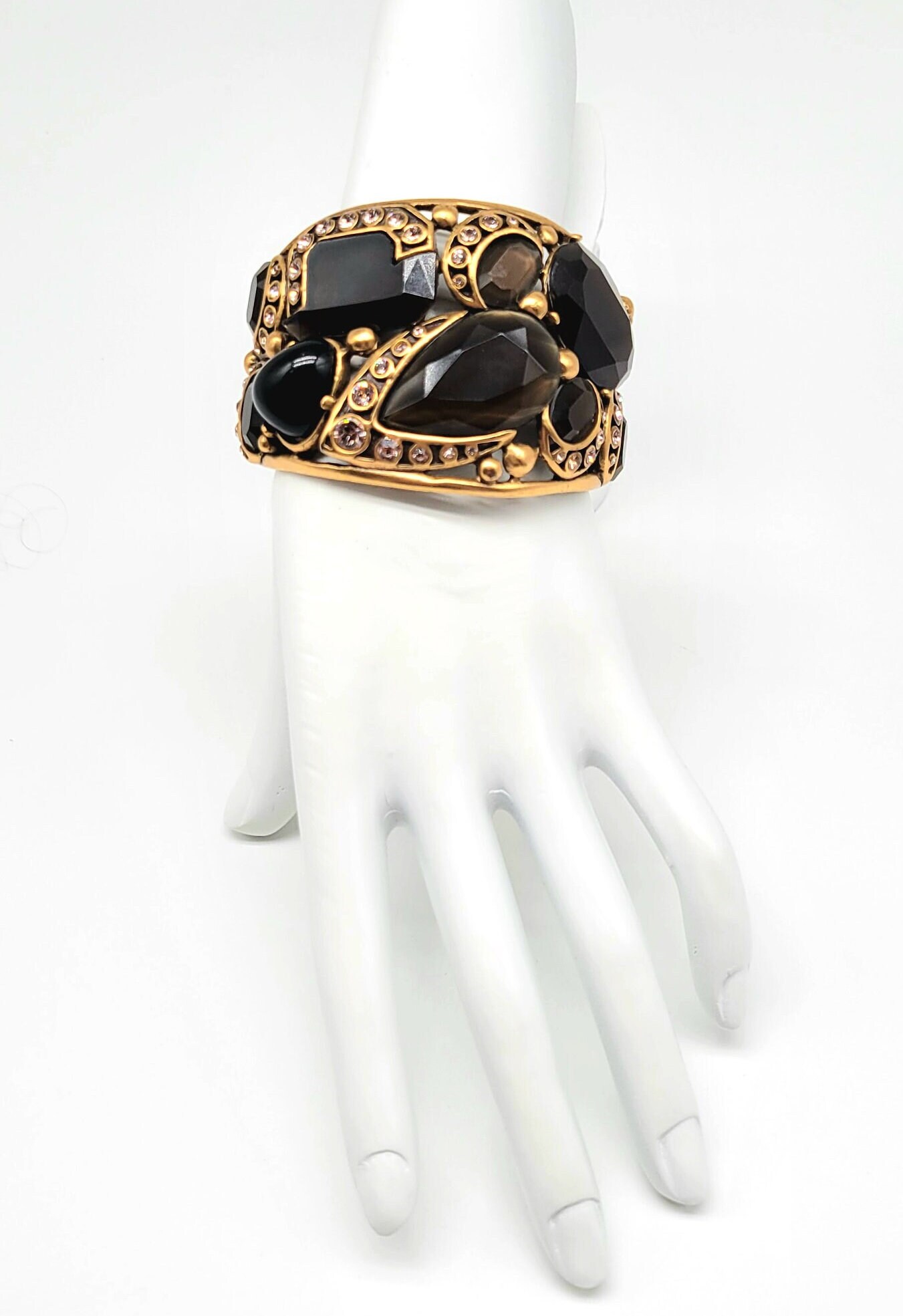 Black Stone Bangle, Oscar De La Renta Jewelry, Chunky Stone Bangle, Onyx Bangle Gold, Glass ...