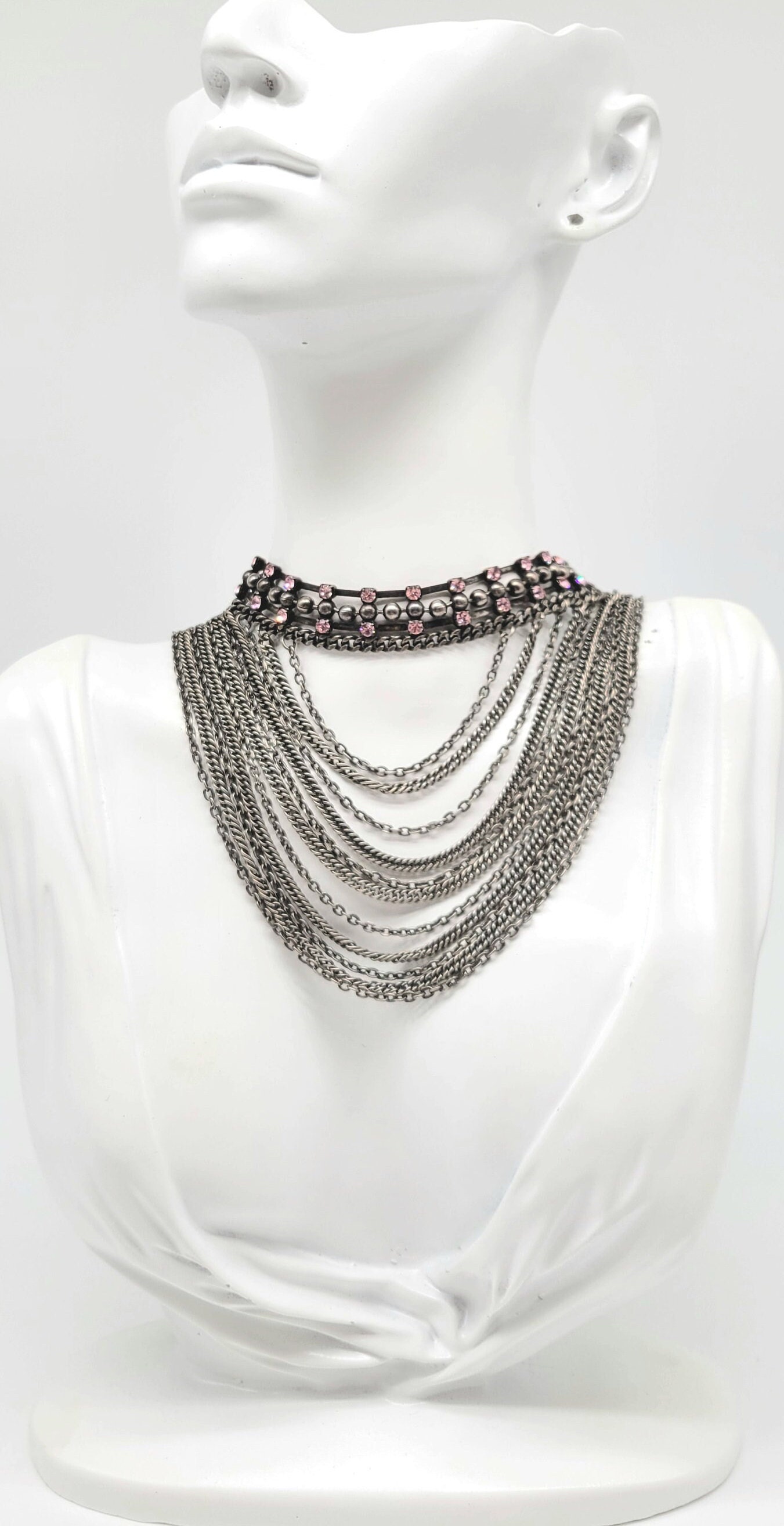 Chainmail Choker, Festoon Necklace, Silver Chain Choker, Pink Crystal ...