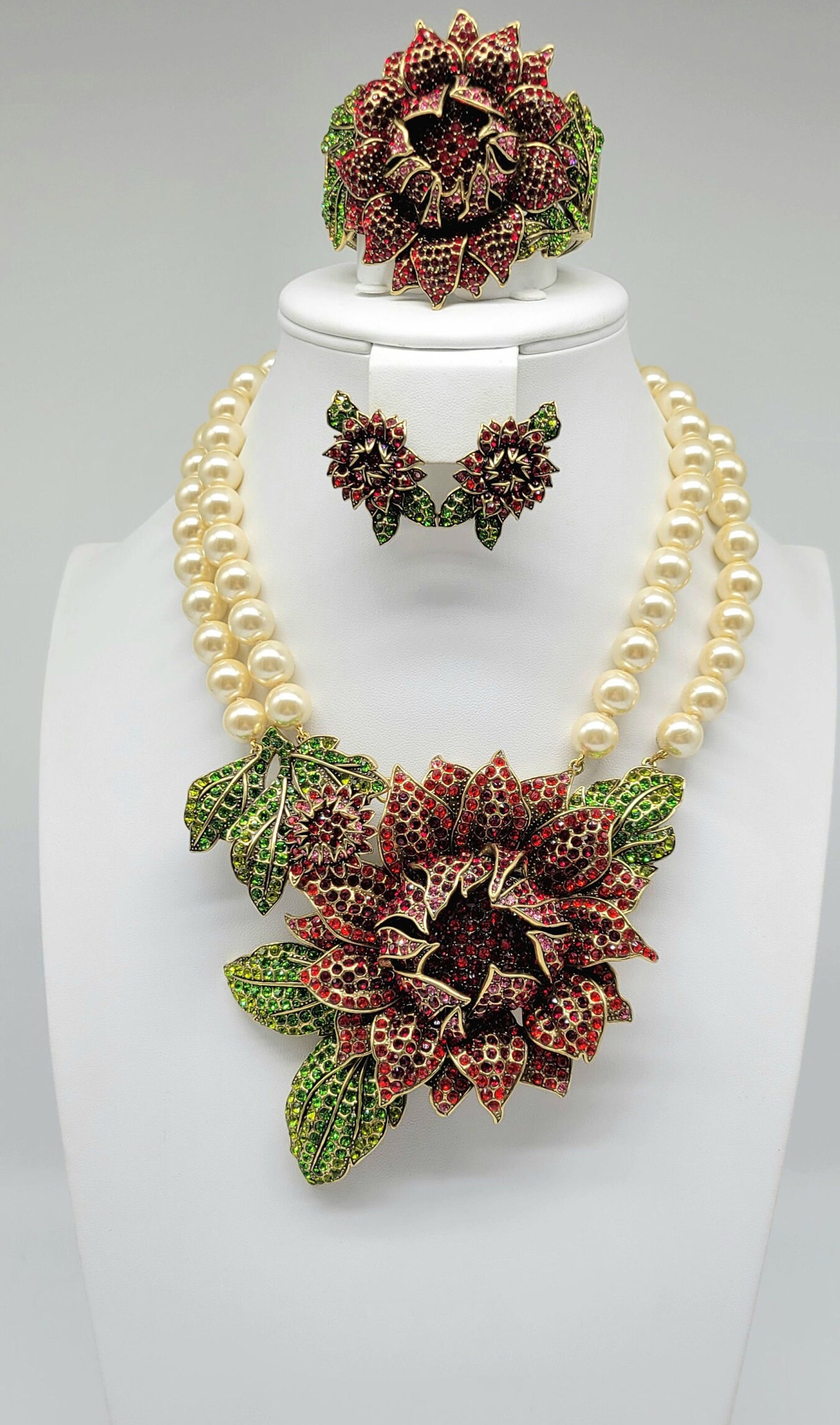 Heidi Daus Set, Red Flower Necklace, Garnet Flower Earrings, Flower ...
