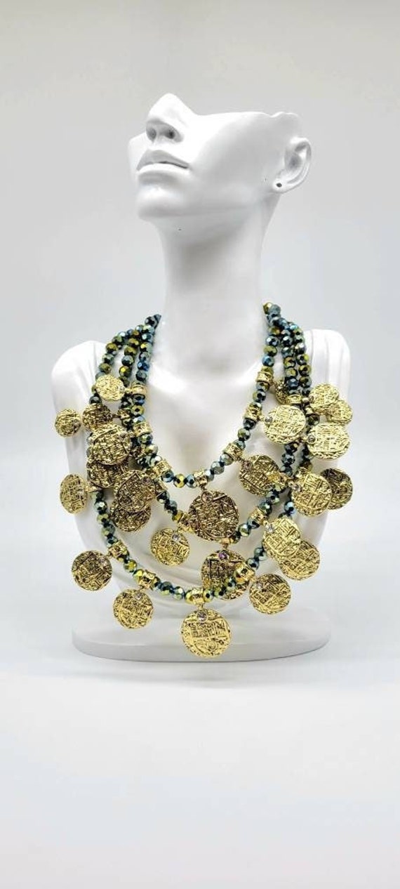 Layered Coin Necklace Gold Coin Necklace for Women Large Layered Statement Necklace Olive Green Necklace Heidi Daus Green Necklace