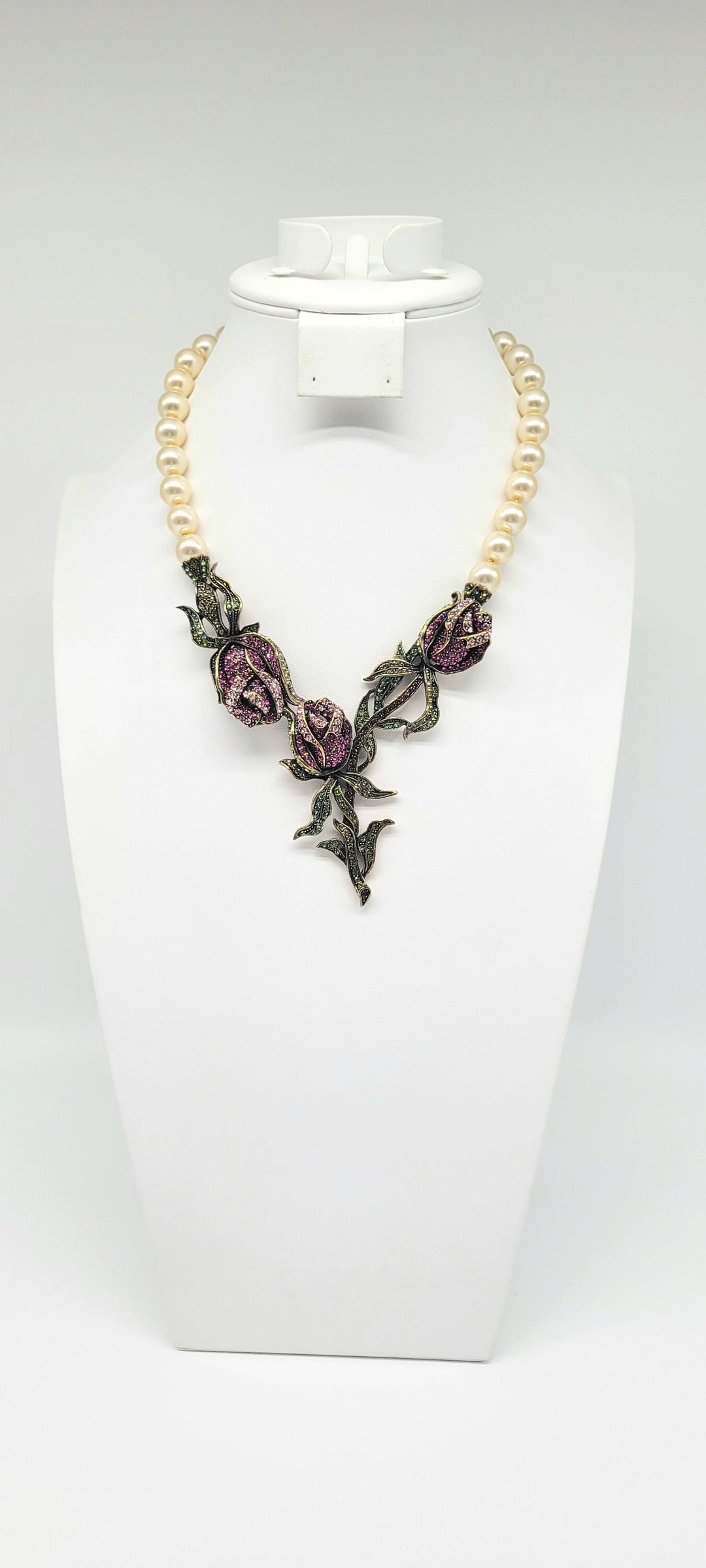 Ruby Rose Pendant, Pink Rose Necklace, Pearl Necklace With Pendant ...