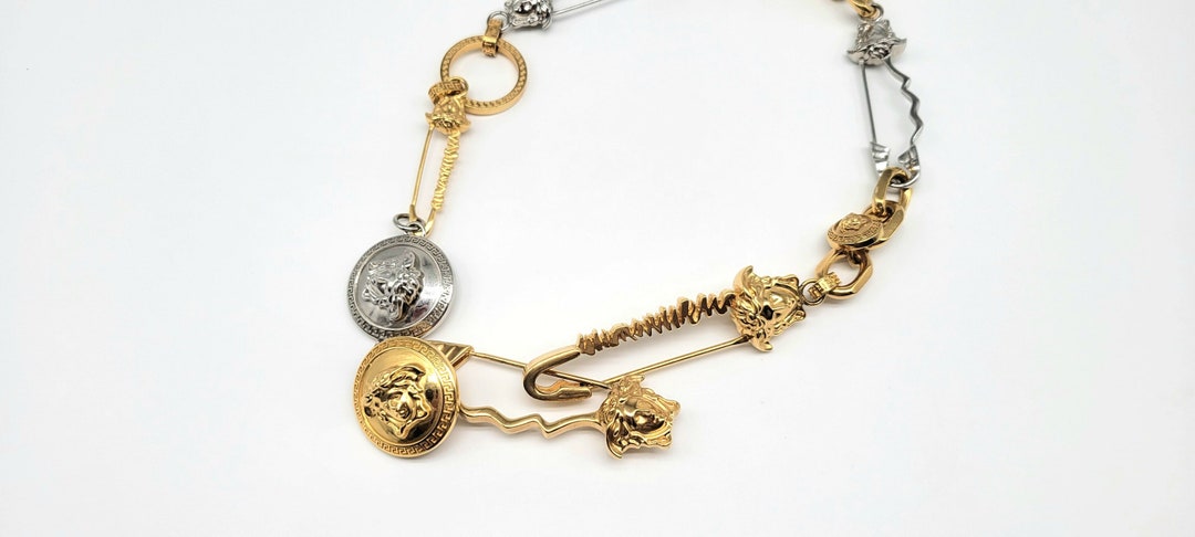Versace Medusa Necklace, Versace Safety Pin Necklace, Gold Medusa ...