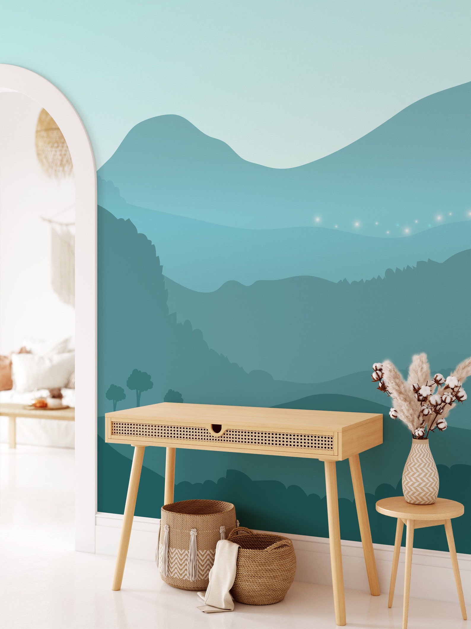 Teal Shades Colored Abstract Mountains Illustration Wallpaper - Etsy
