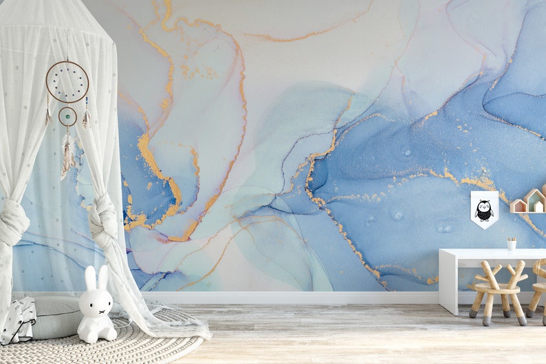 Baby Blue Ink Art Wallpaper Blue and Gold Wall Mural Peel - Etsy