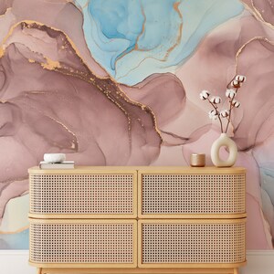 Rose Gold and Blue Ink Art Wallpaper, Peel and Stick Removable ...