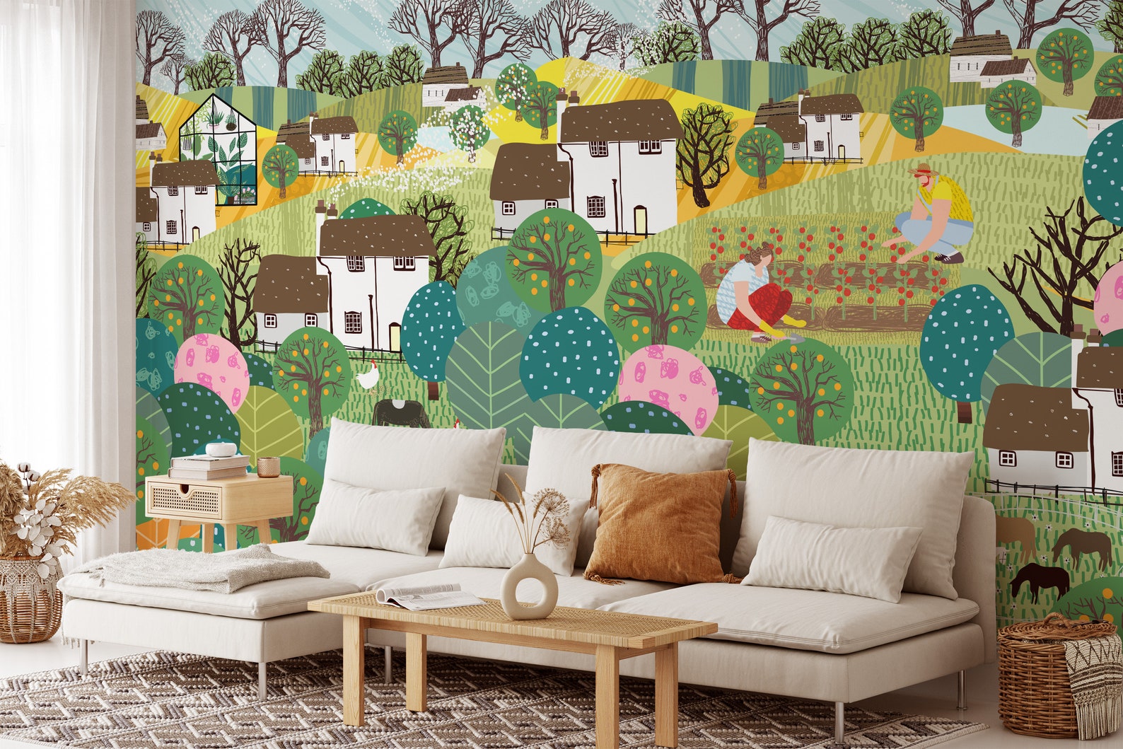 Colorful Farm Illustration Wallpaper Peel and Stick Animals - Etsy