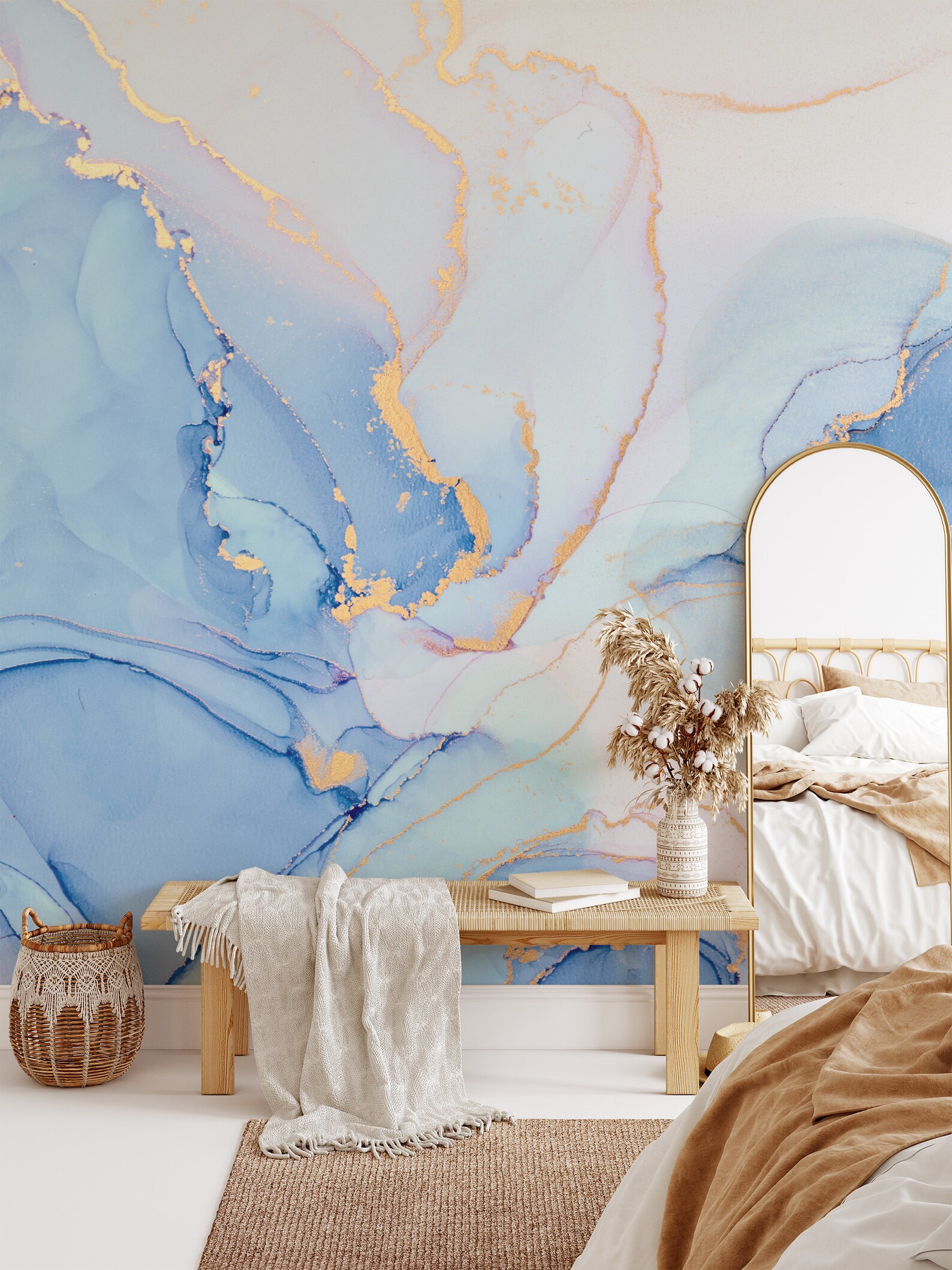 Baby Blue Ink Art Wallpaper Blue and Gold Wall Mural Peel - Etsy