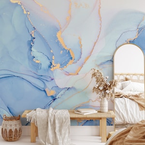 Baby Blue Ink Art Wallpaper, Blue and Gold Wall Mural, Peel and Stick ...