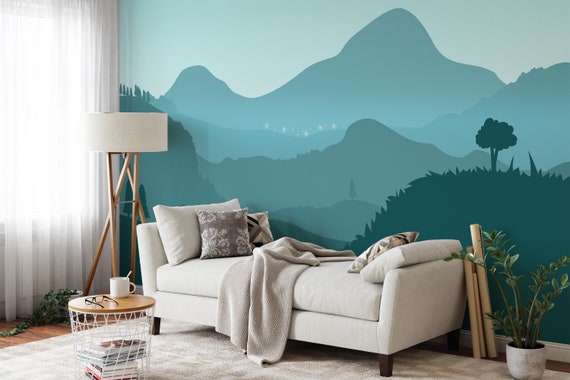 Teal Shades Colored Abstract Mountains Illustration Wallpaper | Etsy
