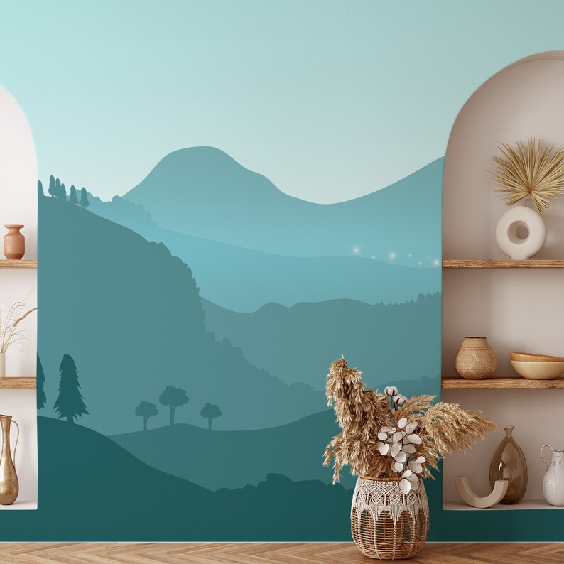 Teal Shades Colored Abstract Mountains Illustration Wallpaper | Etsy