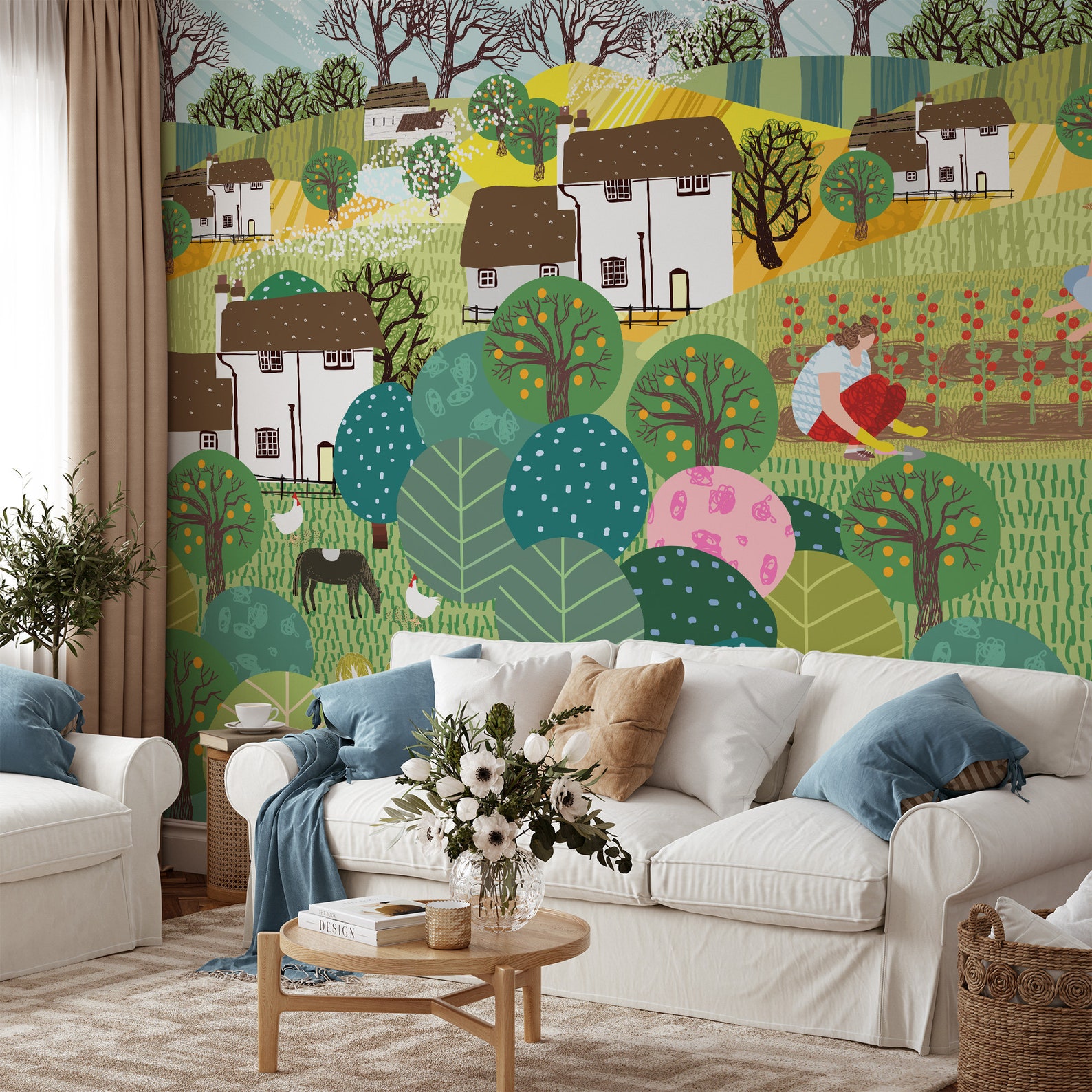 Colorful Farm Illustration Wallpaper Peel and Stick Animals - Etsy
