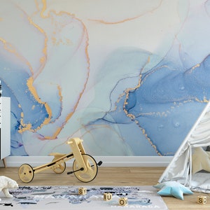 Baby Blue Ink Art Wallpaper, Blue and Gold Wall Mural, Peel and Stick ...