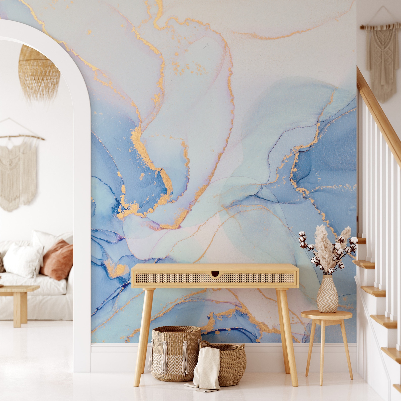 Baby Blue Ink Art Wallpaper Blue and Gold Wall Mural Peel - Etsy