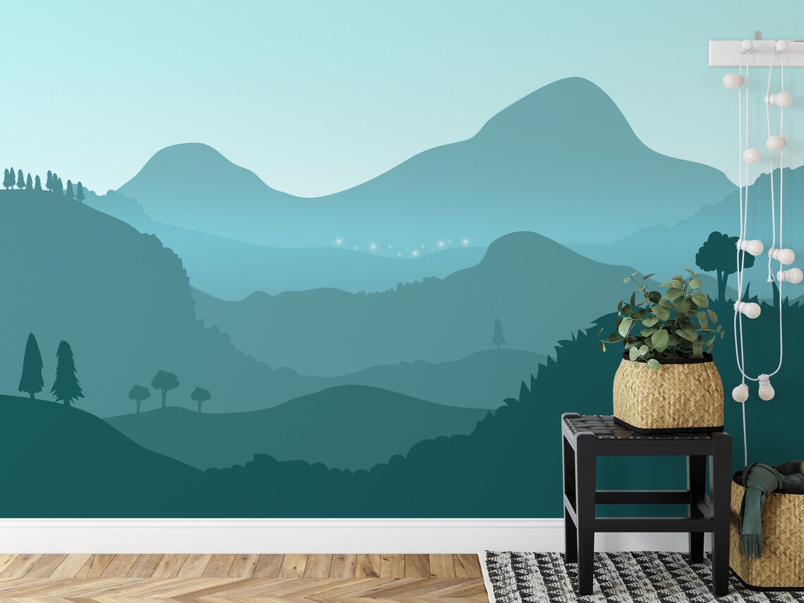 Teal Shades Colored Abstract Mountains Illustration Wallpaper - Etsy