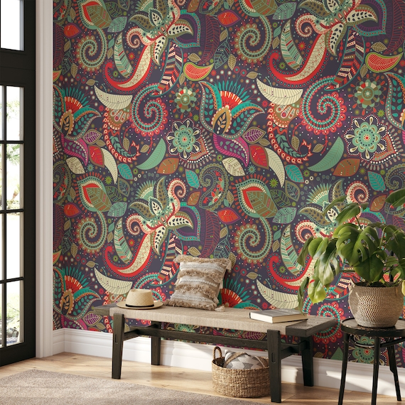 Large Floral Illustration in Traditional Style Wallpaper Self | Etsy